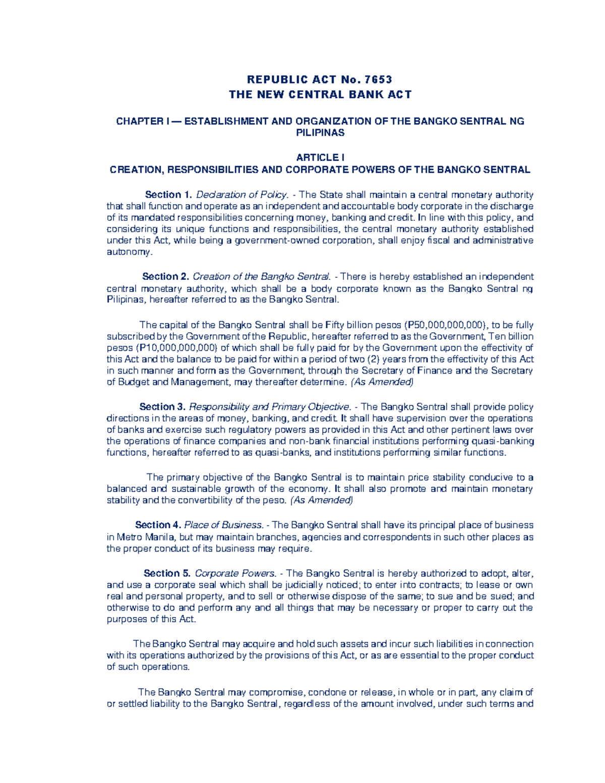 NEW Central BANK ACT RA 7653 AS Amended - REPUBLIC ACT No. 7653 THE NEW ...
