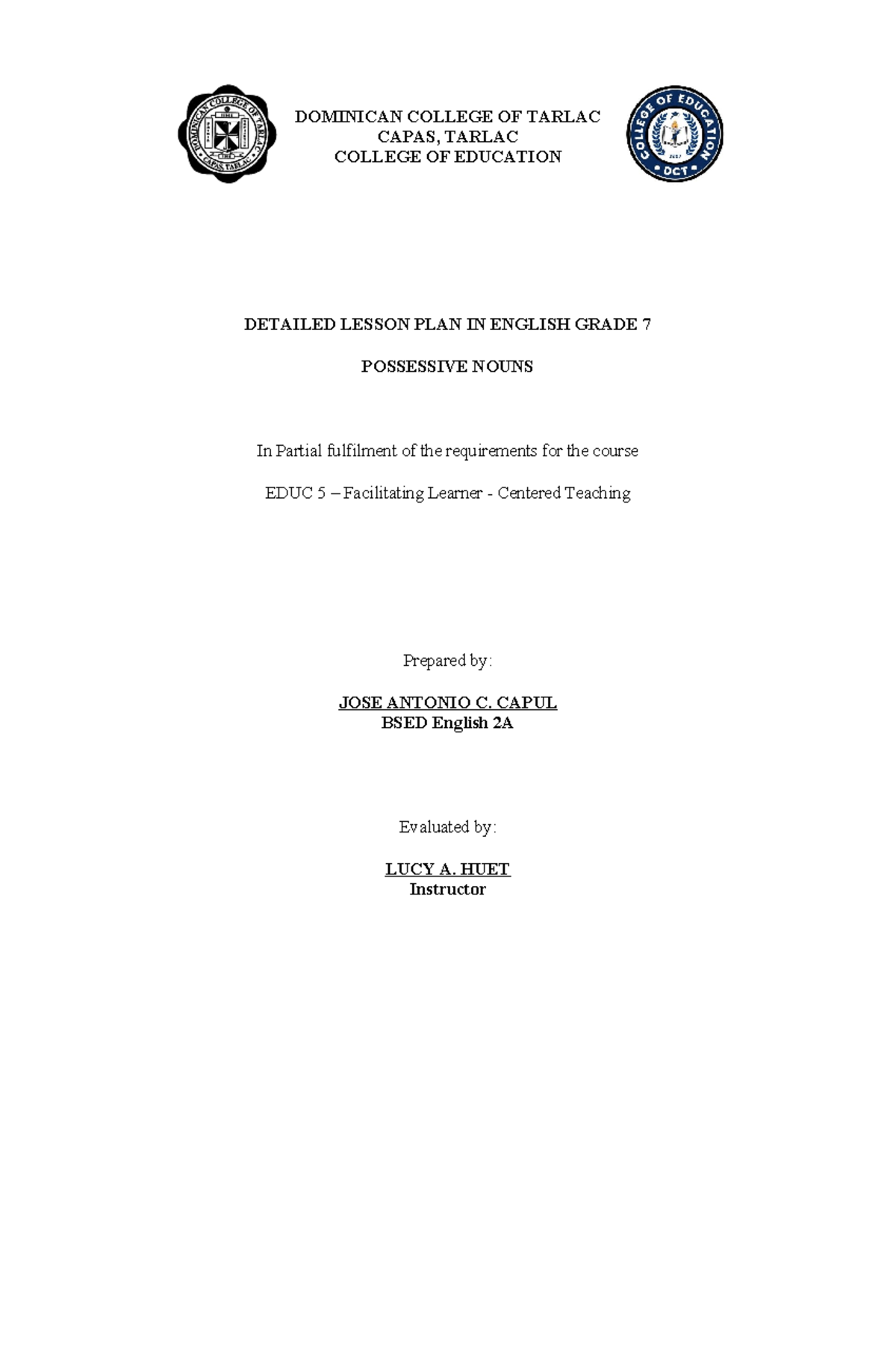 Sample Detailed lesson plan - DOMINICAN COLLEGE OF TARLAC CAPAS, TARLAC ...