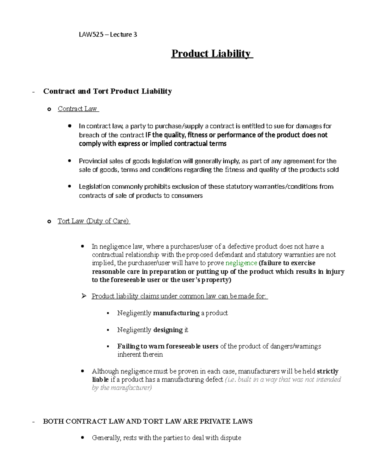 Lecture 3 - Product Liability - LAW525 – Lecture 3 Product Liability ...