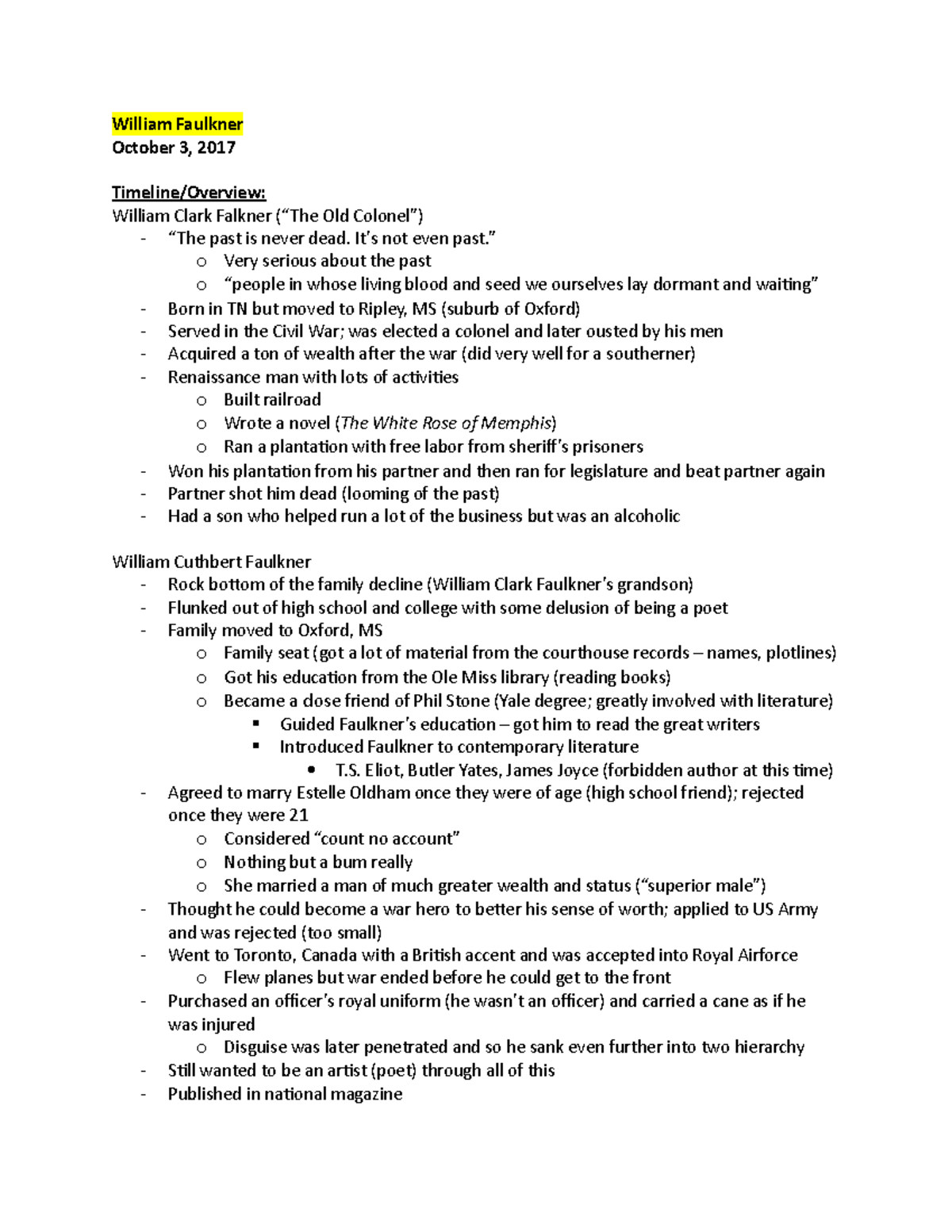 Faulker Overview - William Faulkner October 3, 2017 Timeline/Overview ...