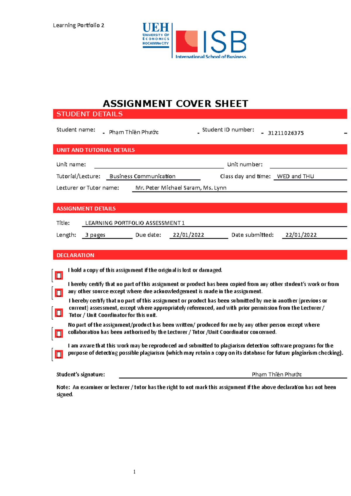 Learning Portfolio 2 - International School of Business - ASSIGNMENT ...