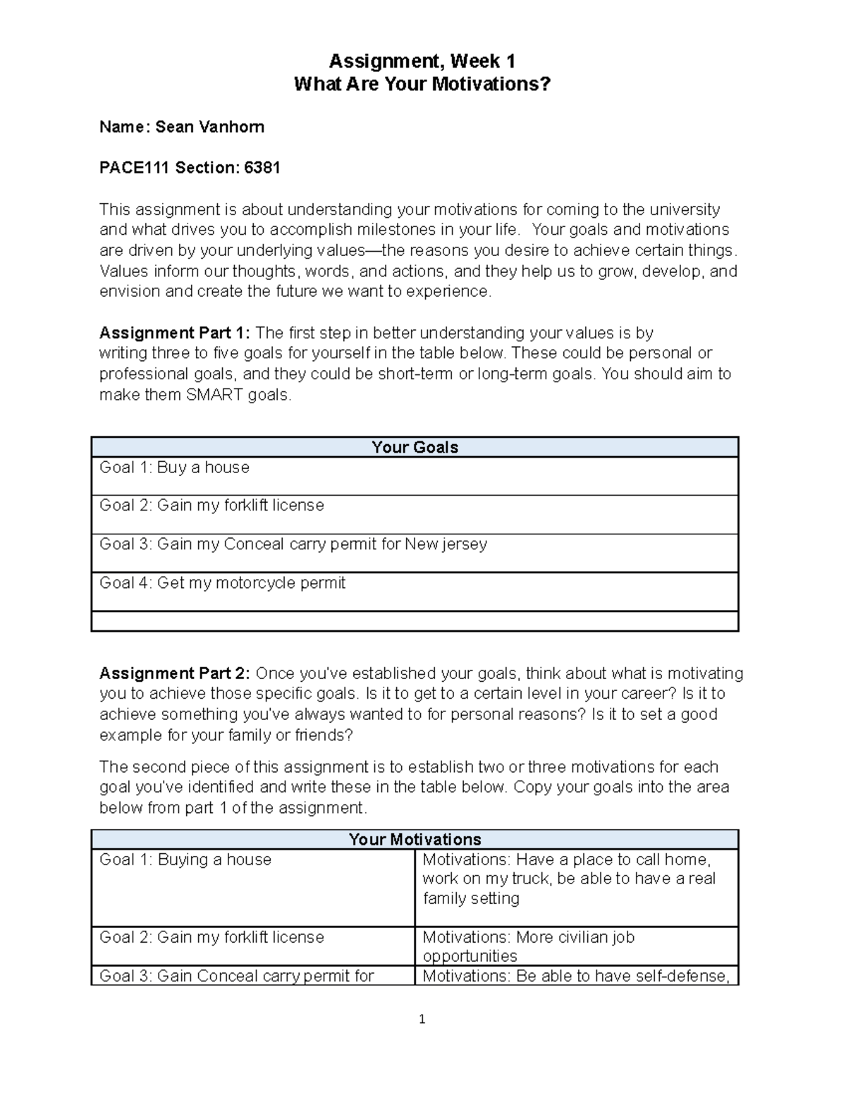 Week 1 Assignment - Assignment, Week 1 What Are Your Motivations? Name: Sean Vanhorn PACE111 ...