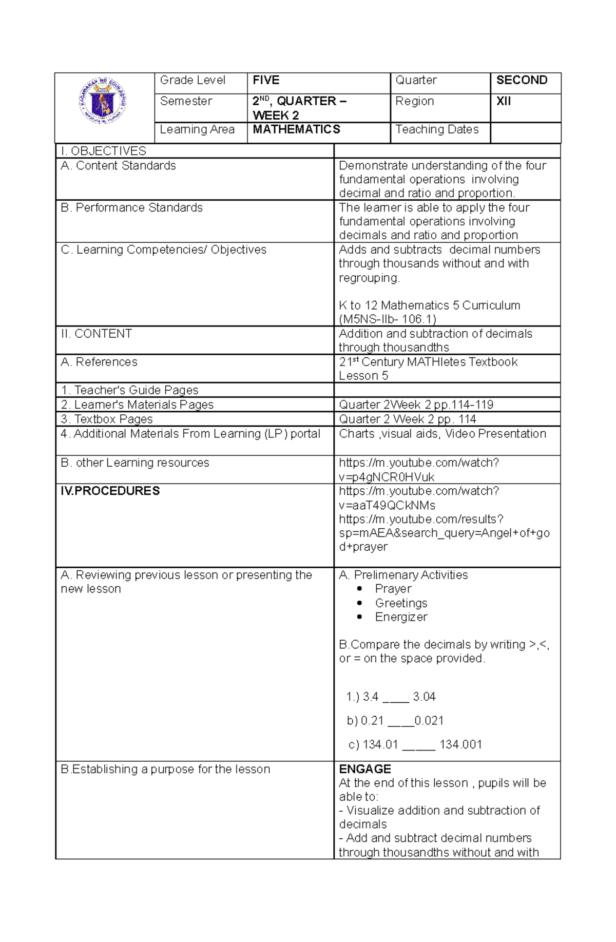 Aritalia MATH LP - Please bare with my output - Grade Level FIVE Quarter SECOND 2 ND, QUARTER ...