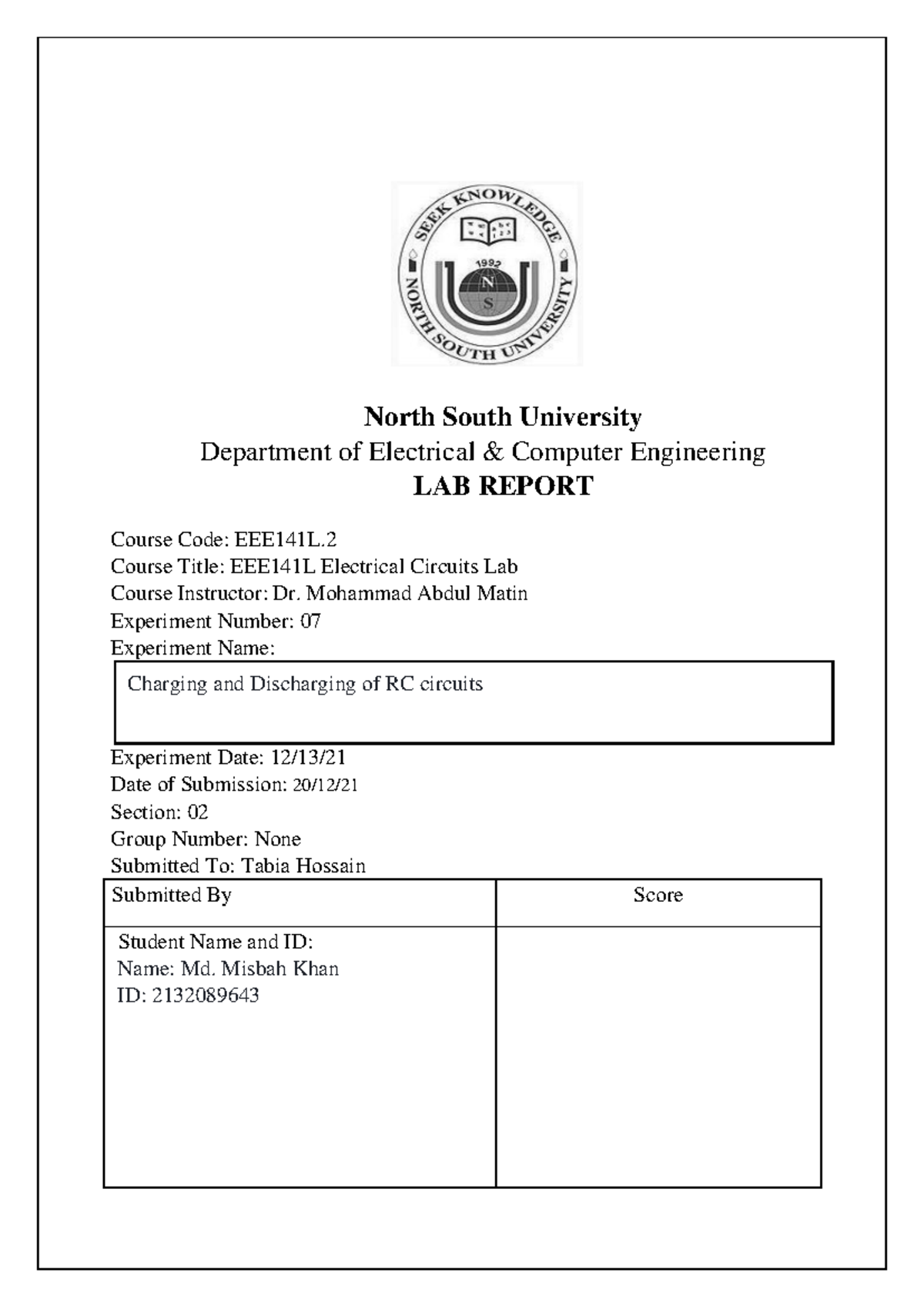 Eee 141 lab report nsu - North South University Department of Electrical & Computer Engineering ...