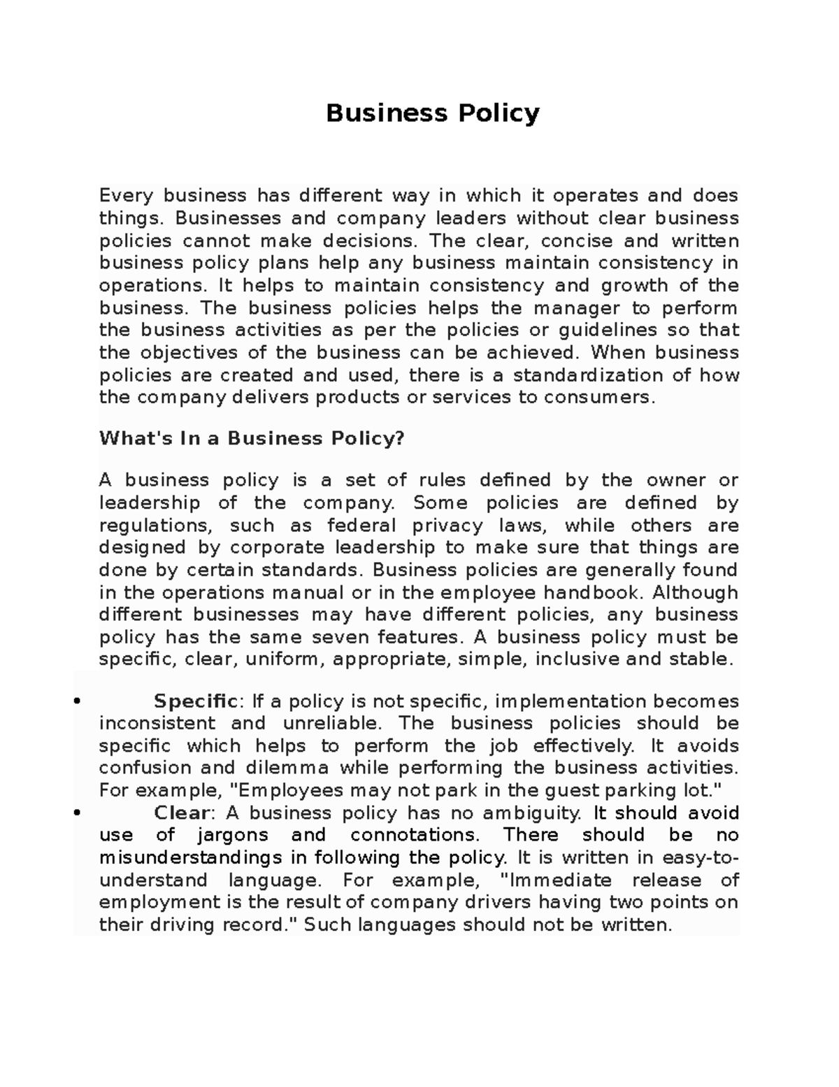 Business Policy - Business Policy Every business has different way in ...