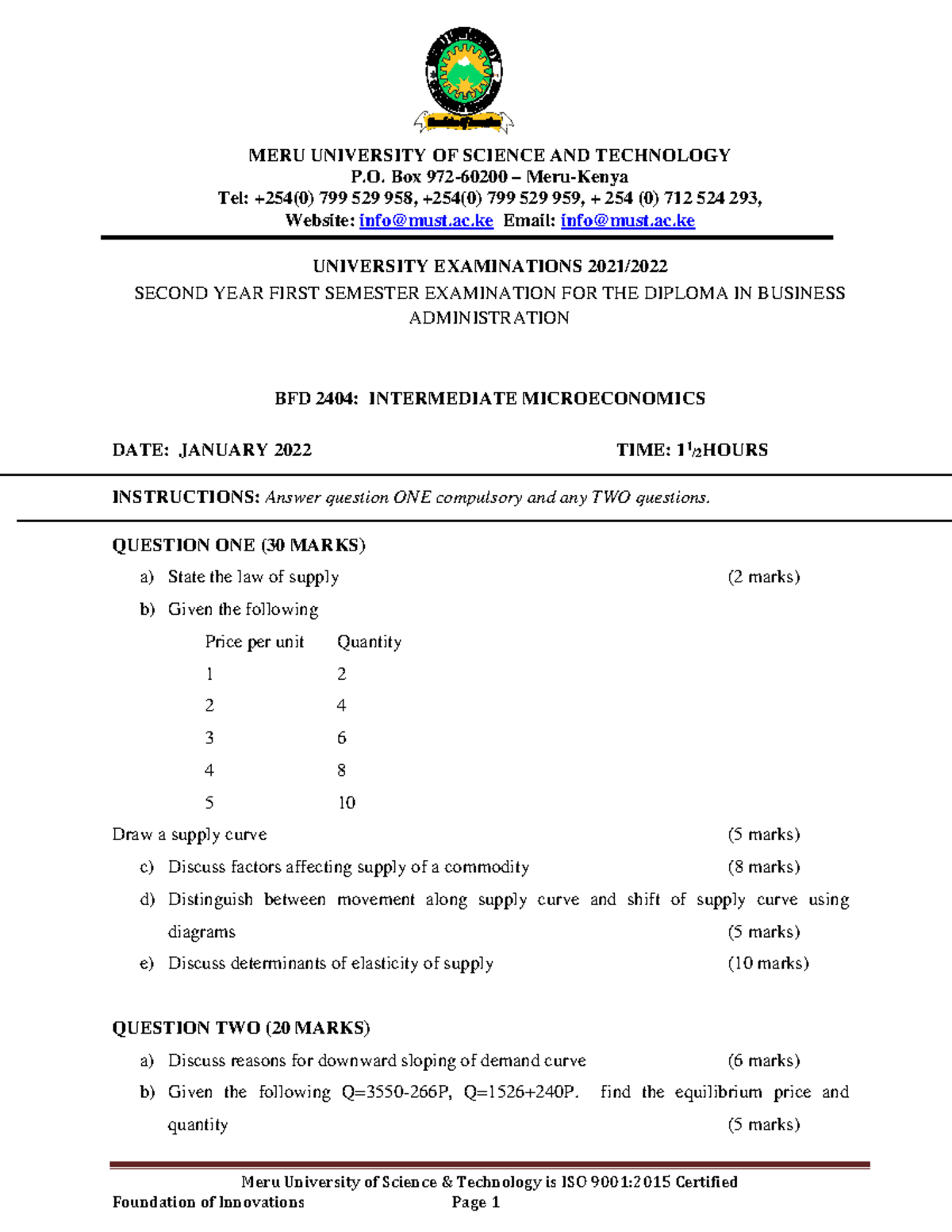 BFD 2404 Intermediate Microeconomics - Meru University of Science ...
