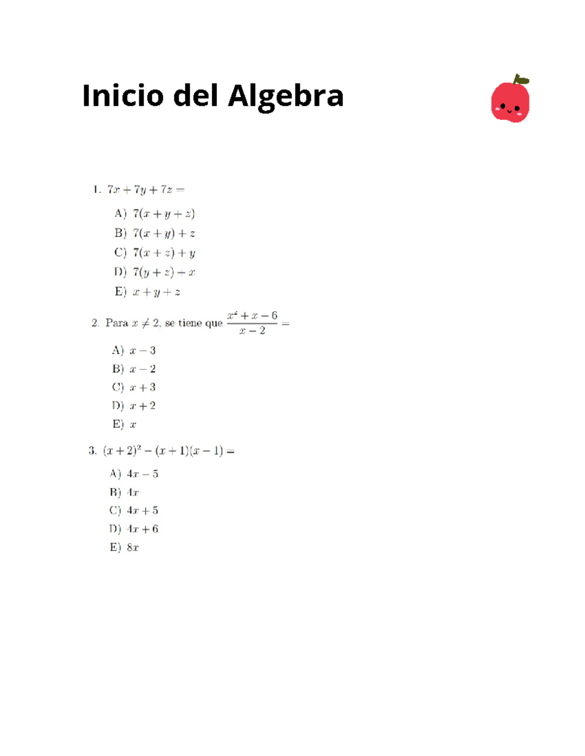 Inicio del Algebra - Guía ejercicios - Inicio del Algebra 1. A) B) C) D ...
