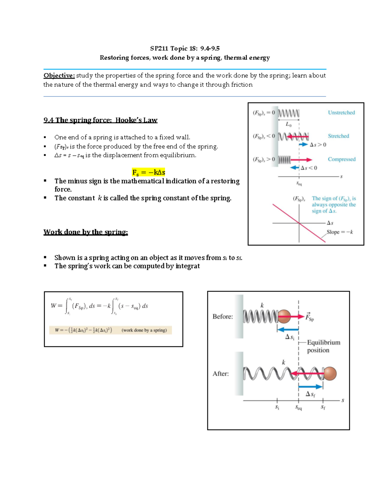 Topic 18;Restoring forces, work done by a spring, thermal energy ...