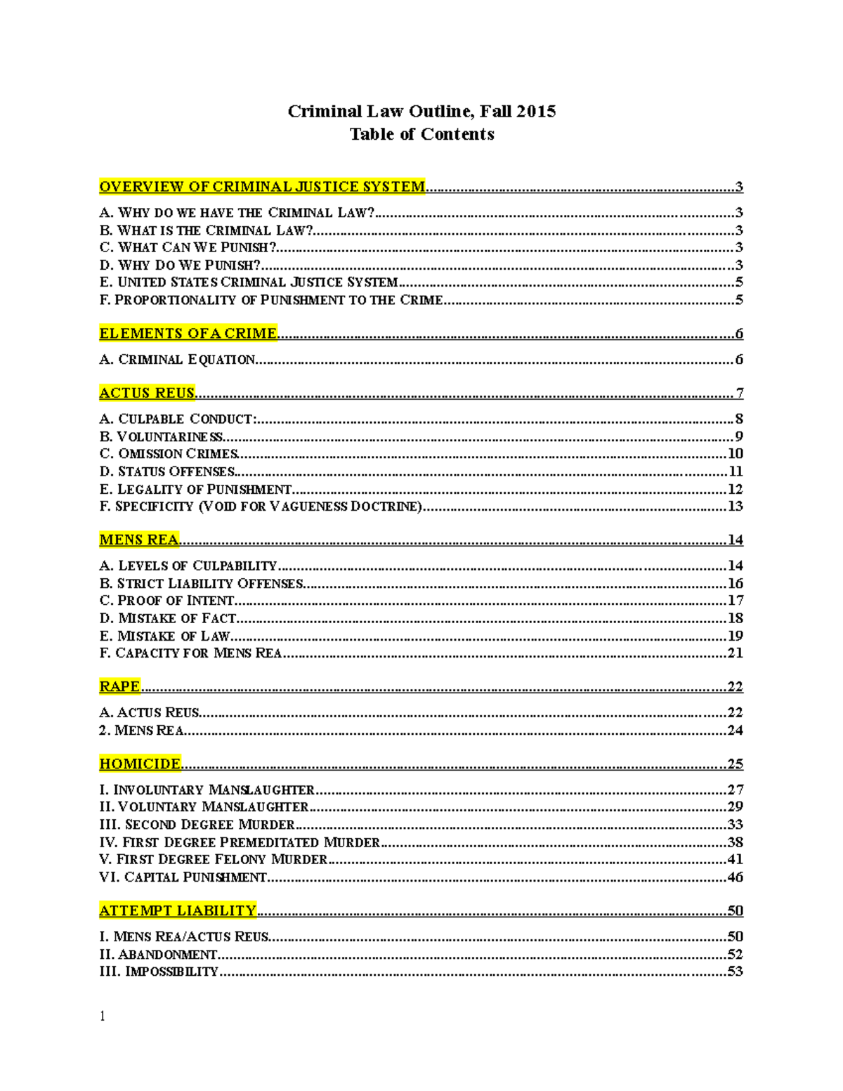 Crim law outline - Table of Contents Criminal Law Outline, Fall ...