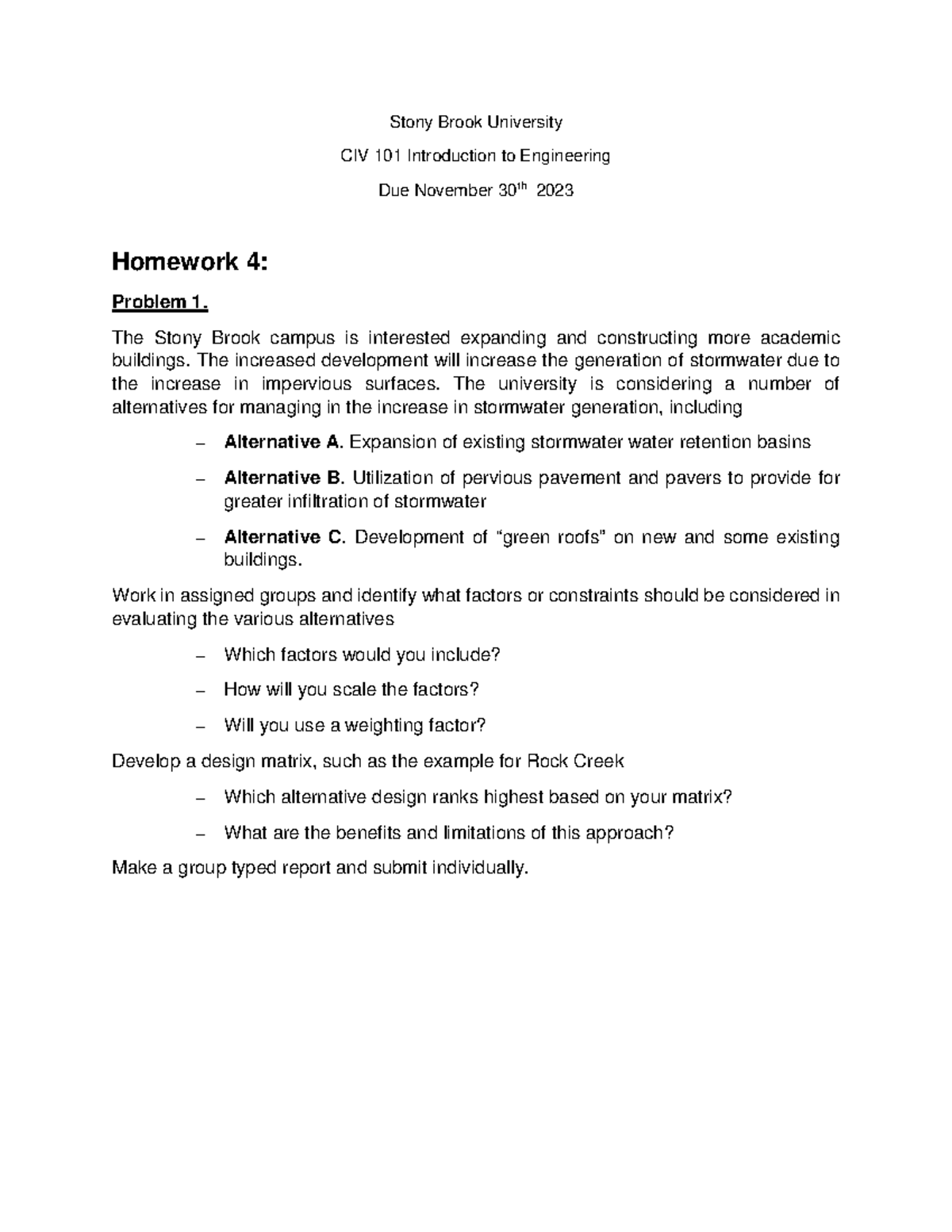 Homework 4 - homeowkr - Stony Brook University CIV 101 Introduction to Engineering Due November ...