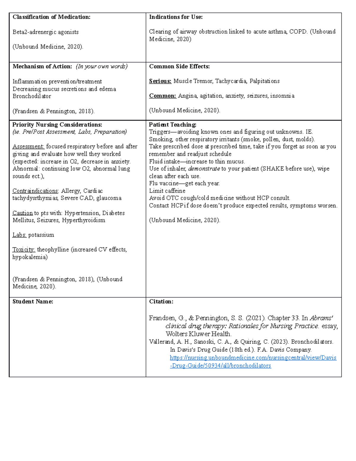 Bronchodilator Drug Card - Classification of Medication: Beta2 ...