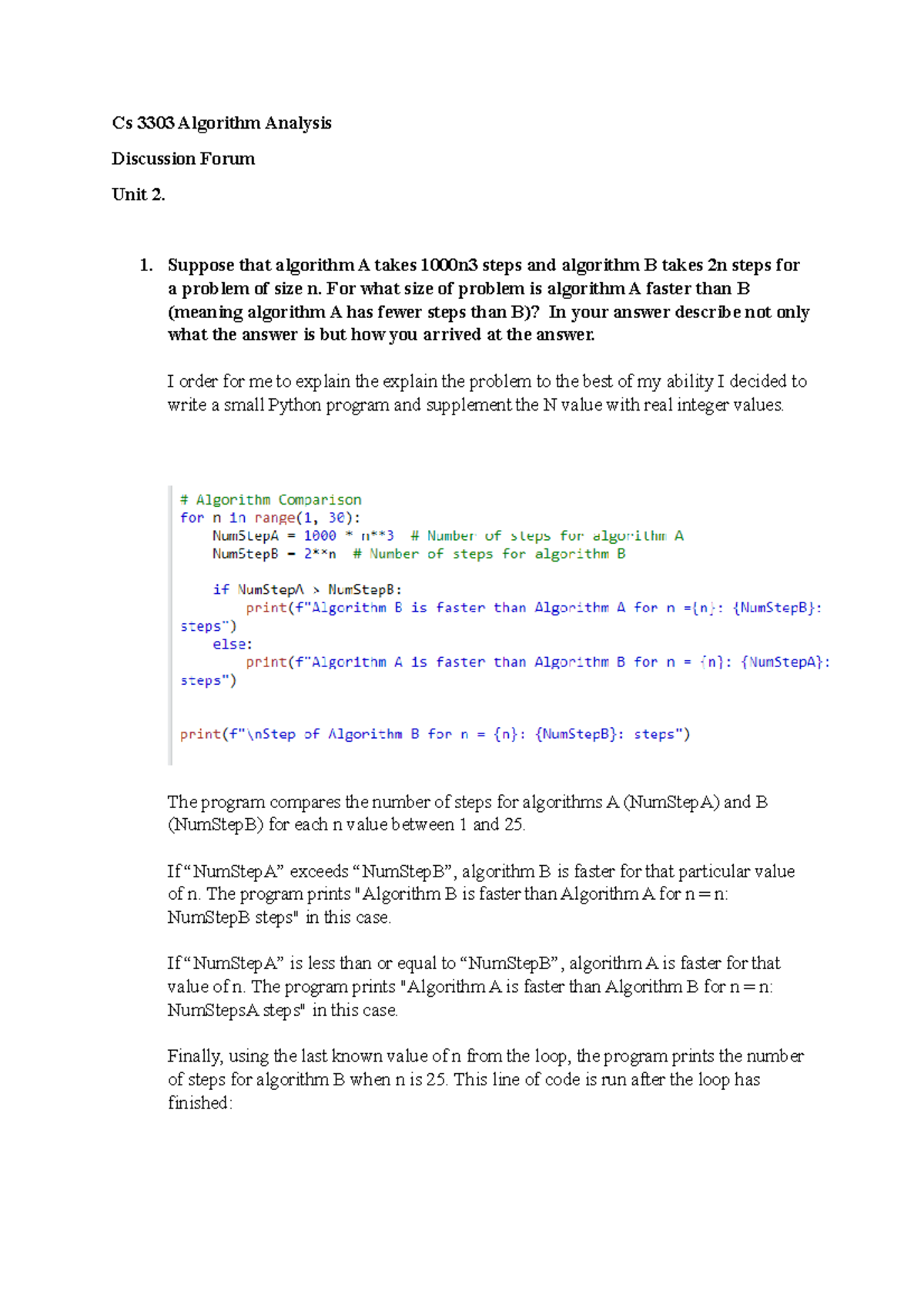 Cs 3303 Discussion Post Unit 2 Cs 3303 Algorithm Analysis Discussion Forum Unit 2 1 Suppose