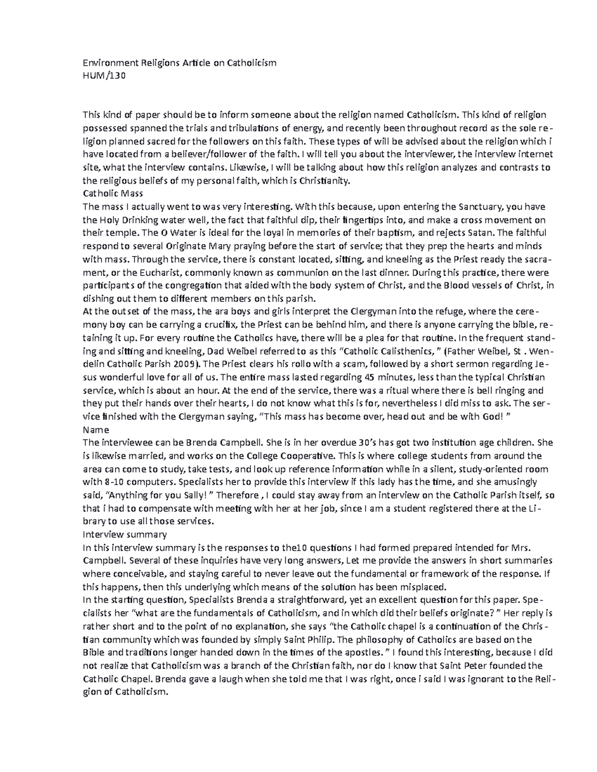 HUM 130 World Religions Report on Catholicism 1 - Environment Religions ...