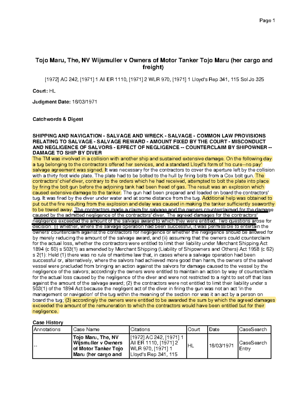 Case Tojo Maru- Salvage no cure no pay - Tojo Maru, The, NV Wijsmuller ...