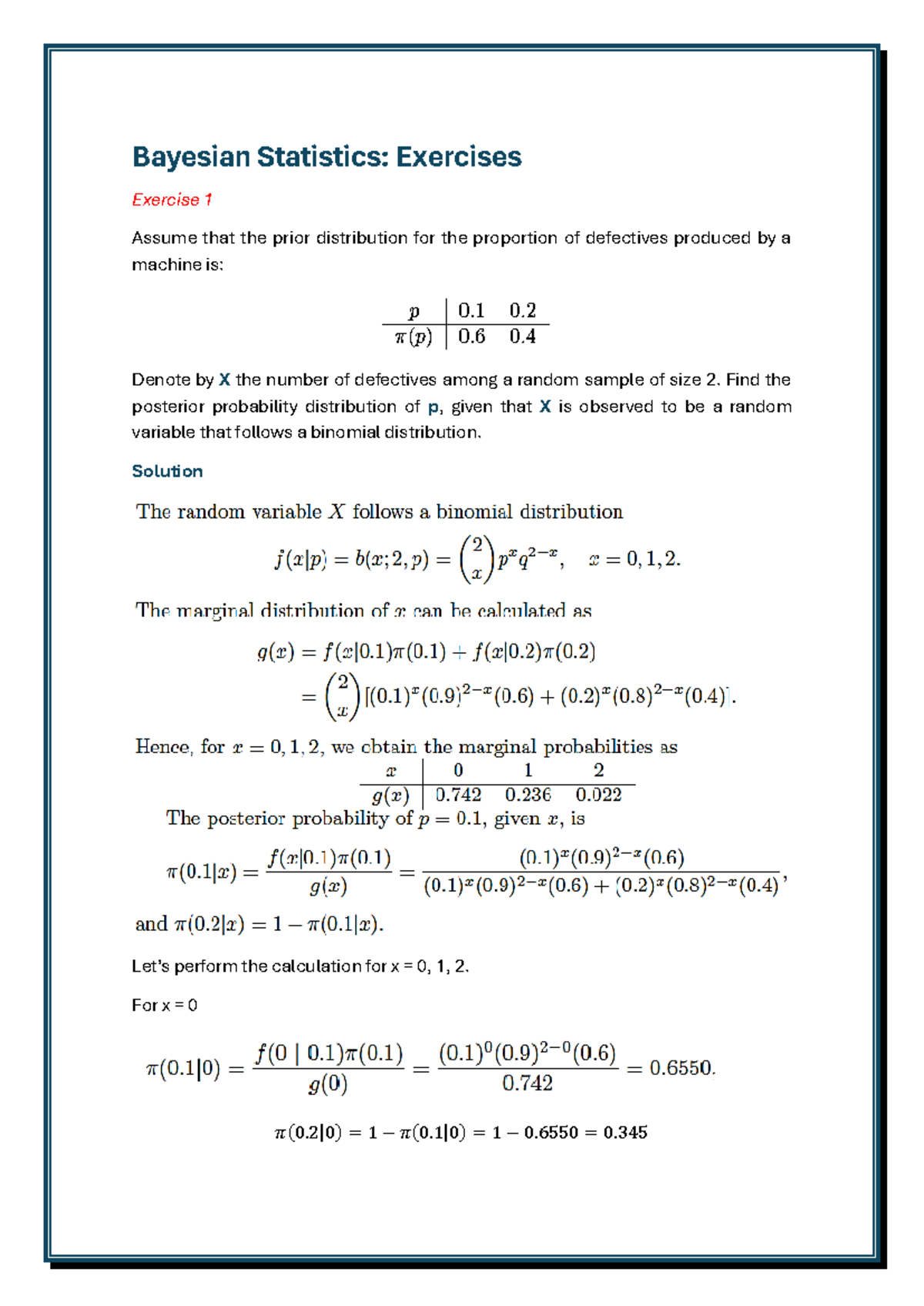 Solution Bayesian Statistics Exercises Bayesian Statistics Exercises