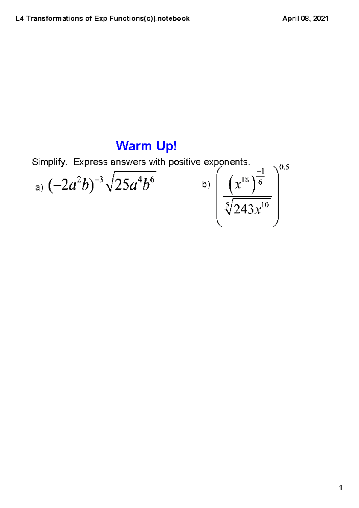 L4-Transformations of Exp Functions(c) - ####### Warm Up! b) Simplify ...