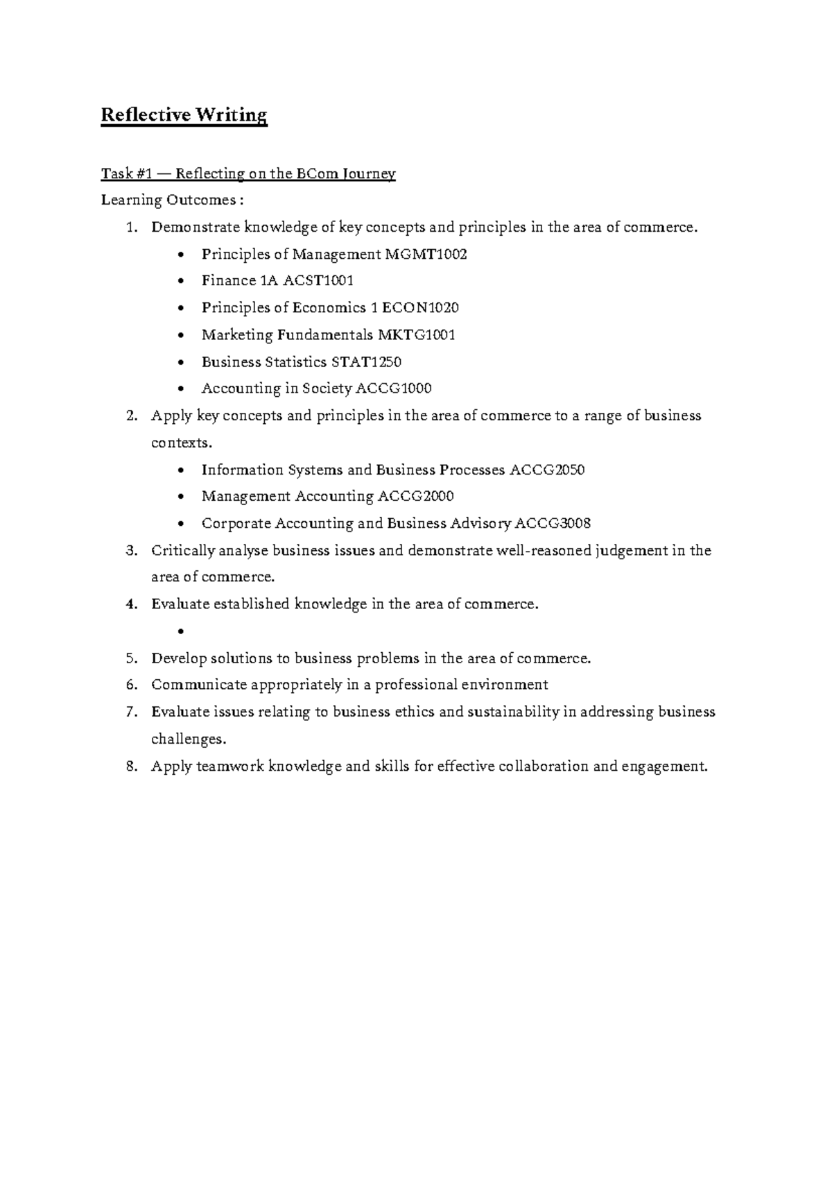 Seminar #1 - Reflective Writing Task #1 — Reflecting on the BCom ...