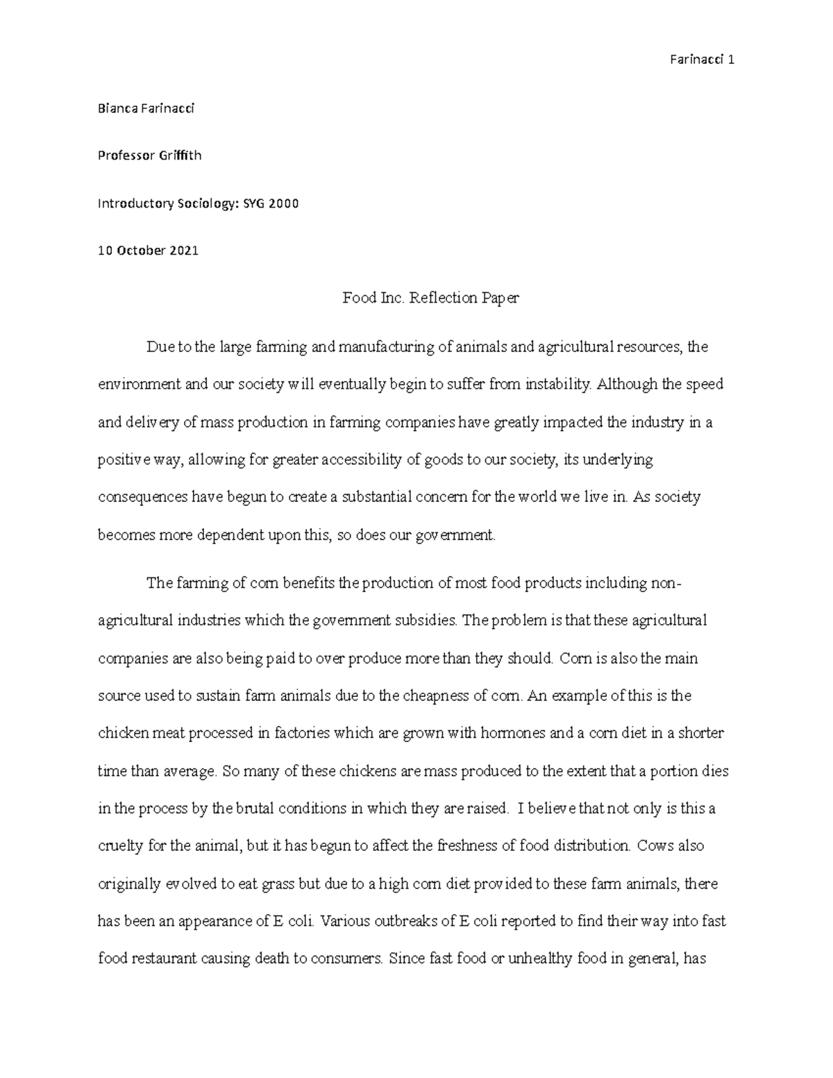 Food Inc Reflection Paper - Farinacci 1 Bianca Farinacci Professor ...