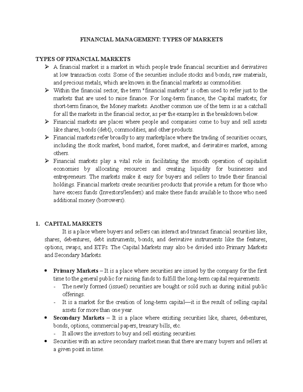 Types of Markets - FINANCIAL MANAGEMENT: TYPES OF MARKETS TYPES OF ...