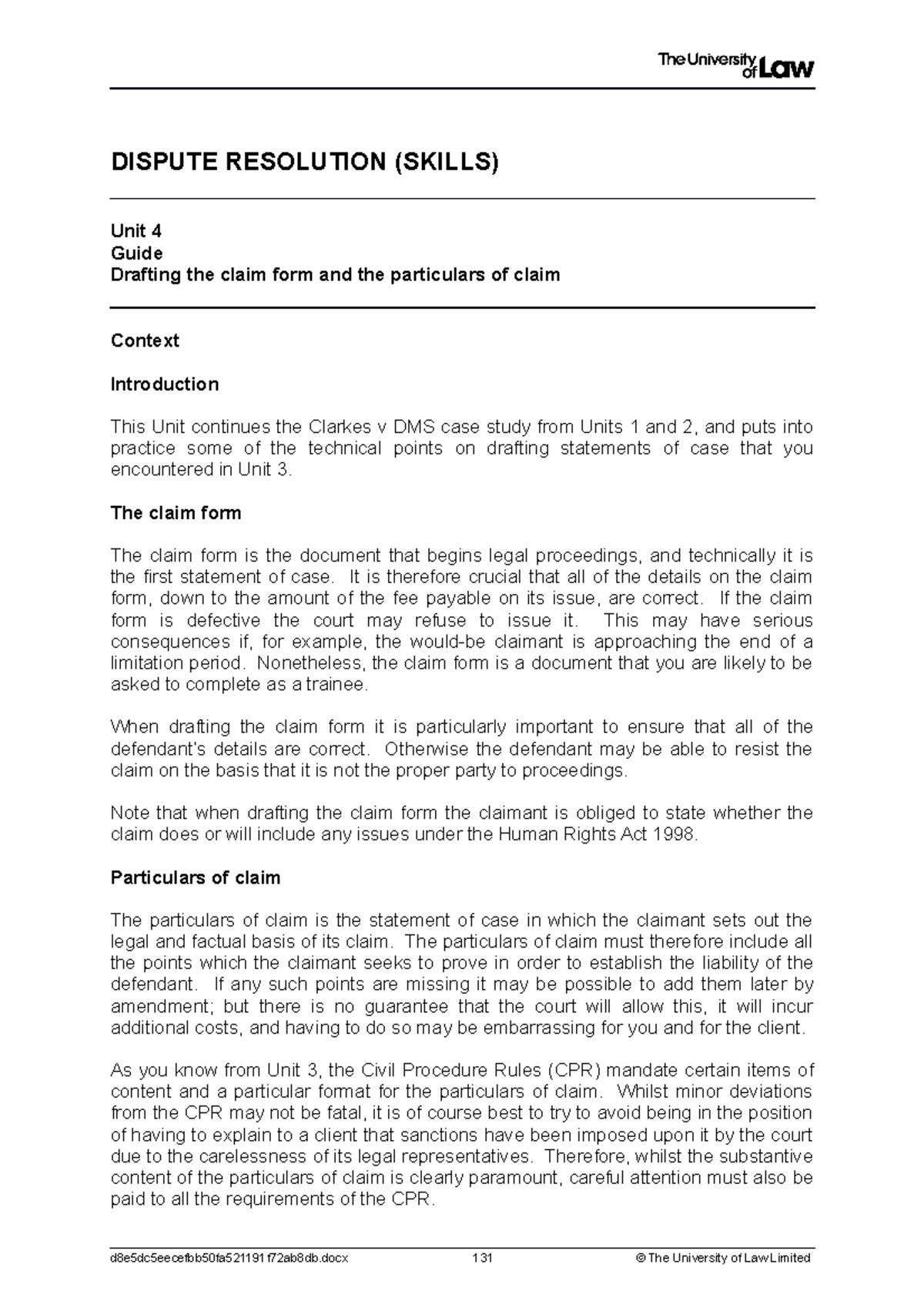 4. Drafting the Claim Form - Workshop Guide - DISPUTE RESOLUTION ...