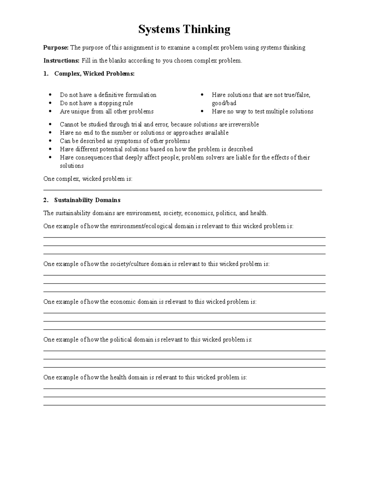 Systems Thinking Worksheet-1 - Systems Thinking Purpose: The purpose of ...