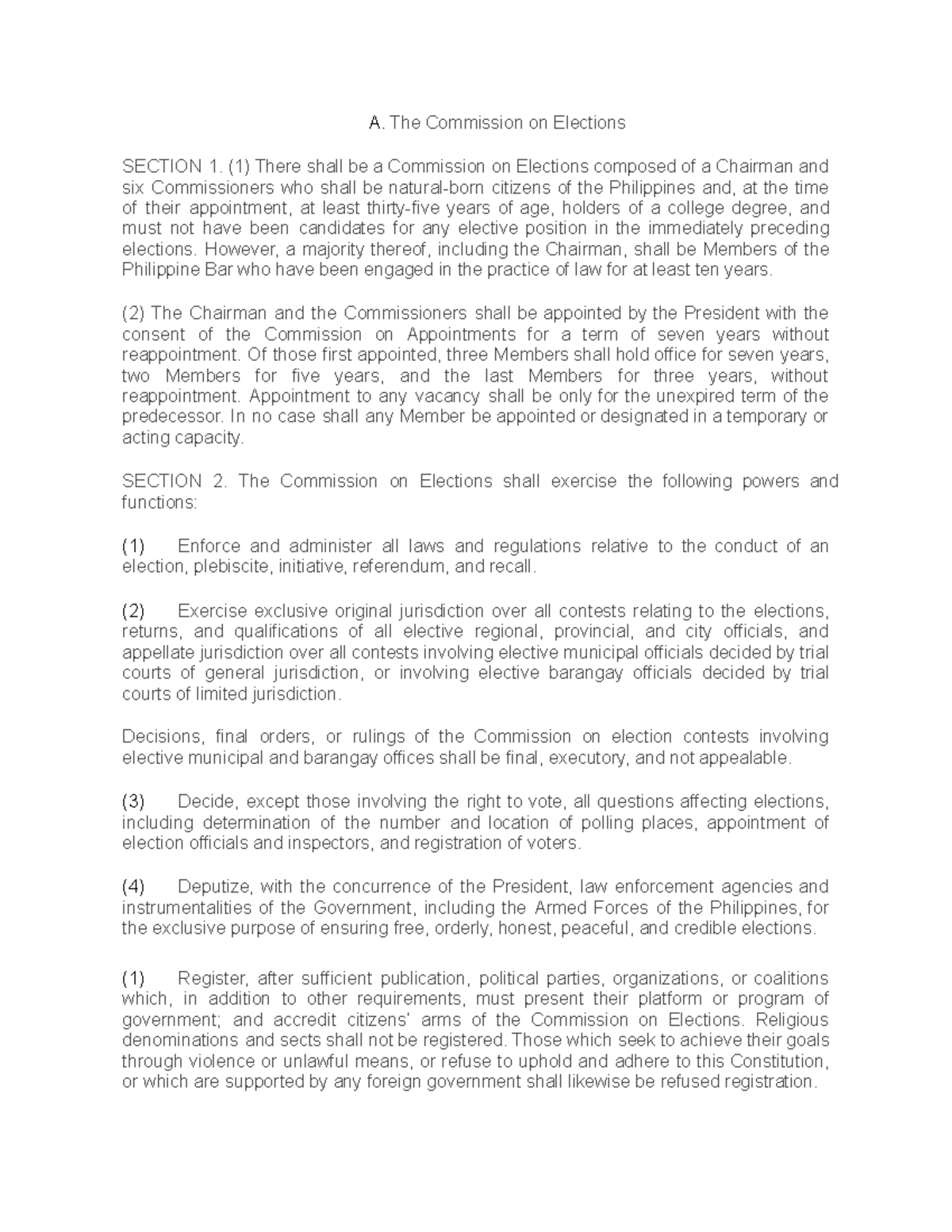 The Commission on Elections - A. The Commission on Elections SECTION 1 ...