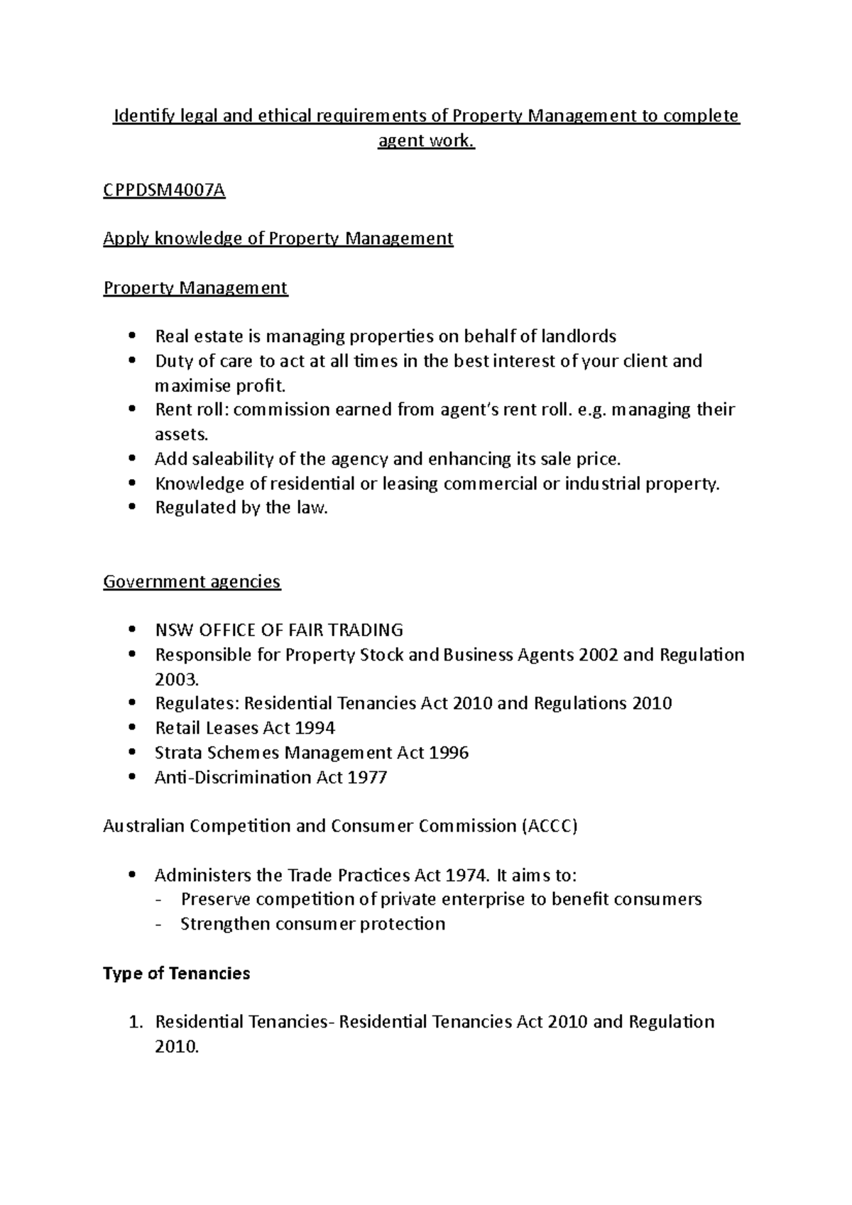 Identify legal and ethical requirements of Property Management to ...