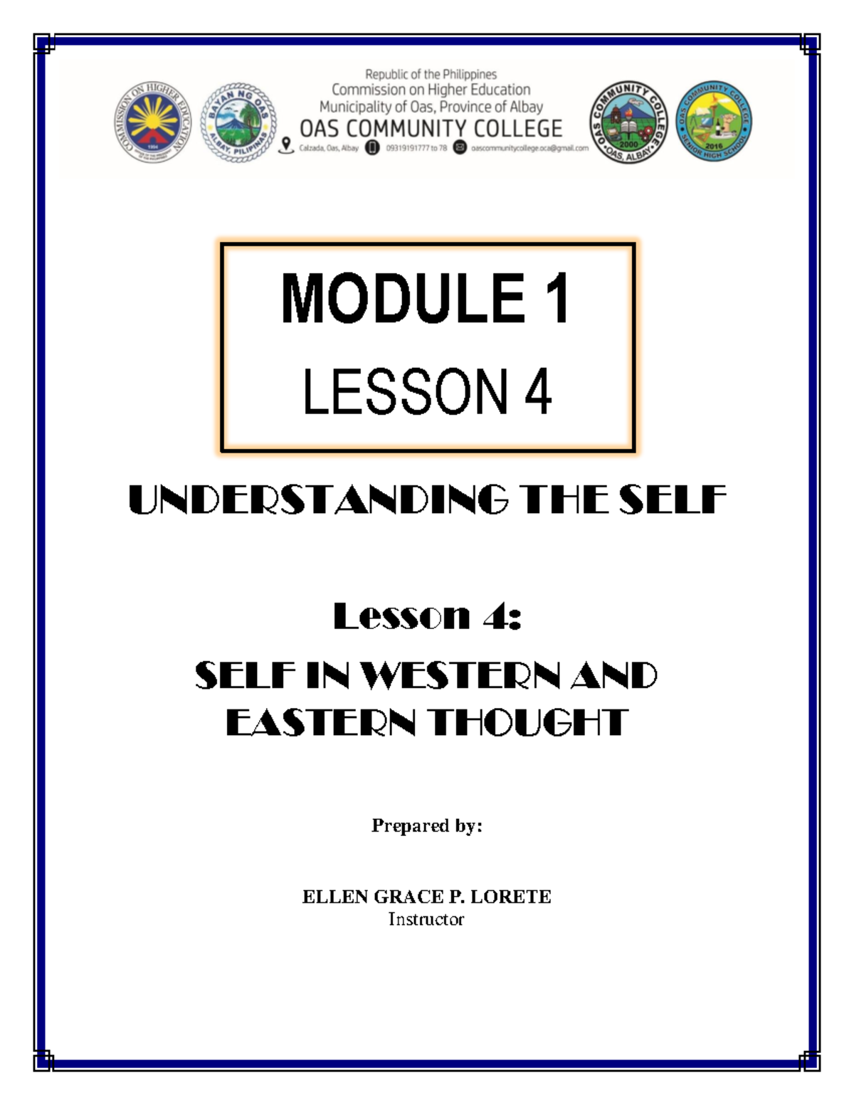Module 1 Lesson 4 - none - MODULE 1 LESSON 4 UNDERSTANDING THE SELF Lesson 4: SELF IN WESTERN ...