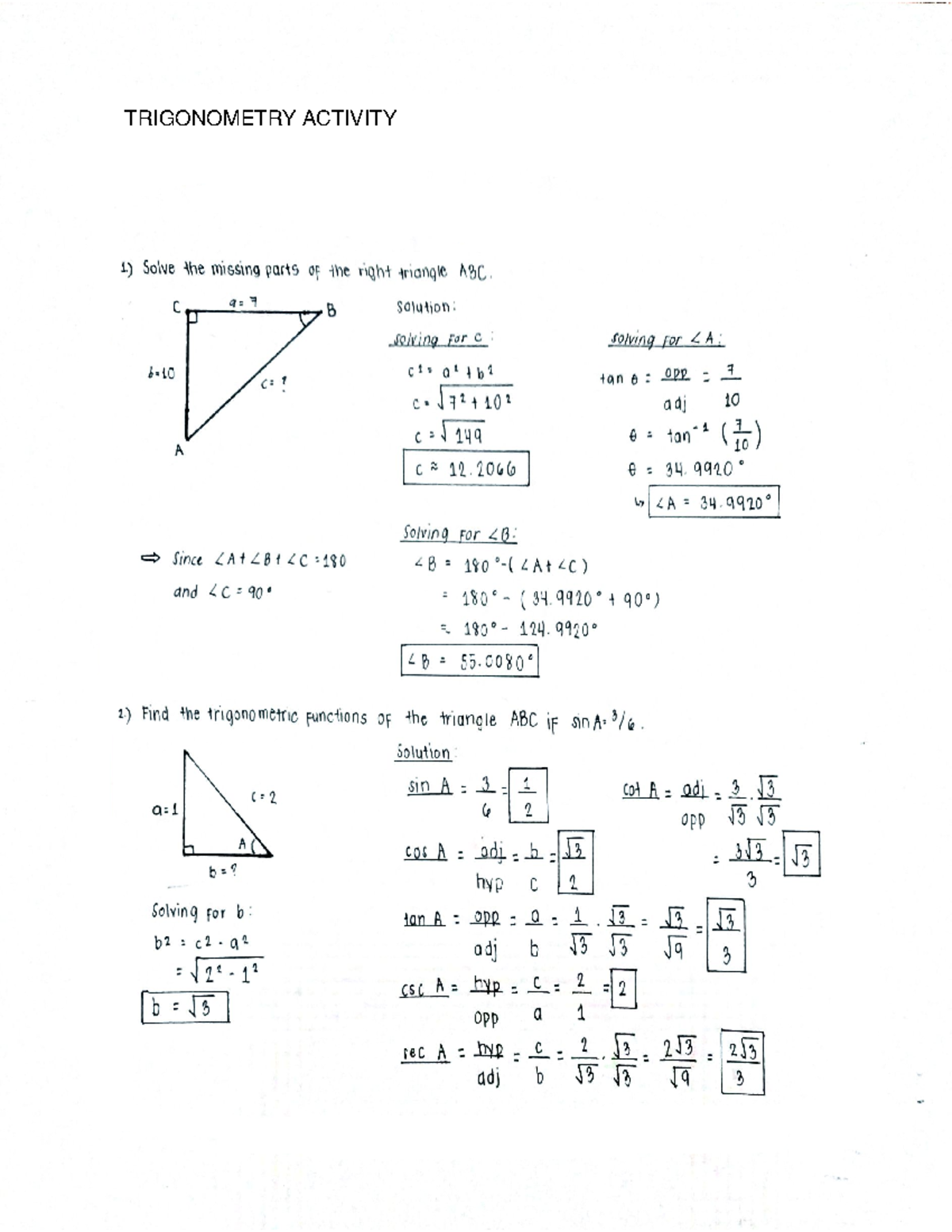 Trigonometry Activity - TRIGONOMETRY ACTIVITY 1.) Solve the missing ...