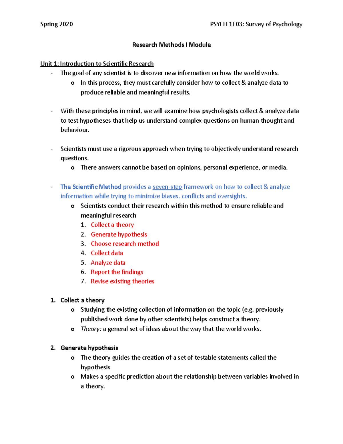 1A. Research Methods I Module - Spring 2020 PSYCH 1F03: Survey of ...