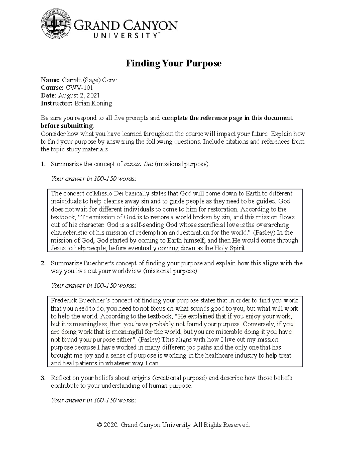 Finding Your Purpose Worksheet - Finding Your Purpose Name: Garrett ...