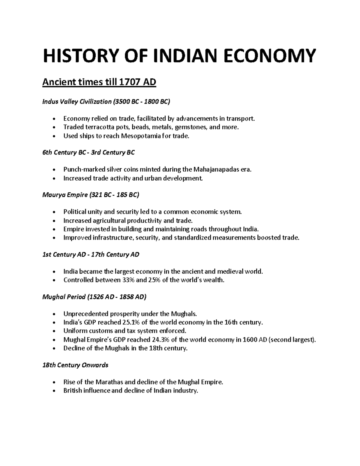 Pointers History AND Major Problems OF Indian Economy - HISTORY OF INDIAN ECONOMY Ancient times ...
