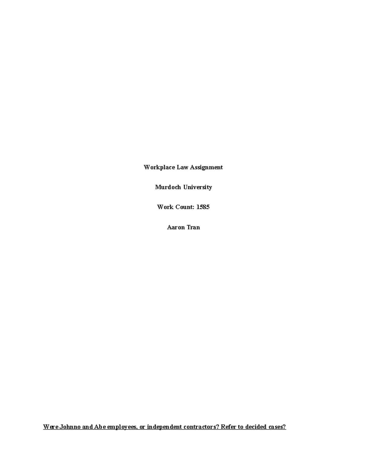 BSL Assignment 1 - Have Fun - Workplace Law Assignment Murdoch ...