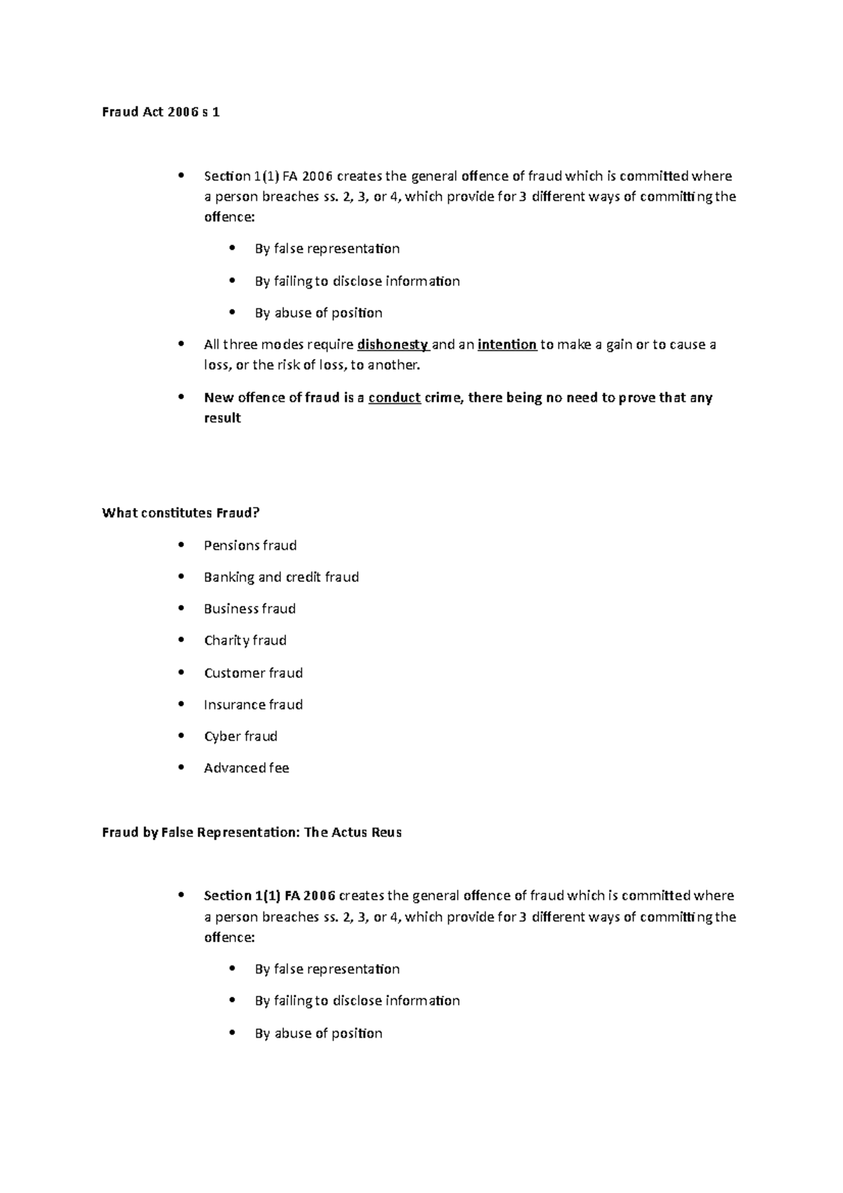 Fraud - Complete lecture and seminar notes summarised - Fraud Act 2006 ...