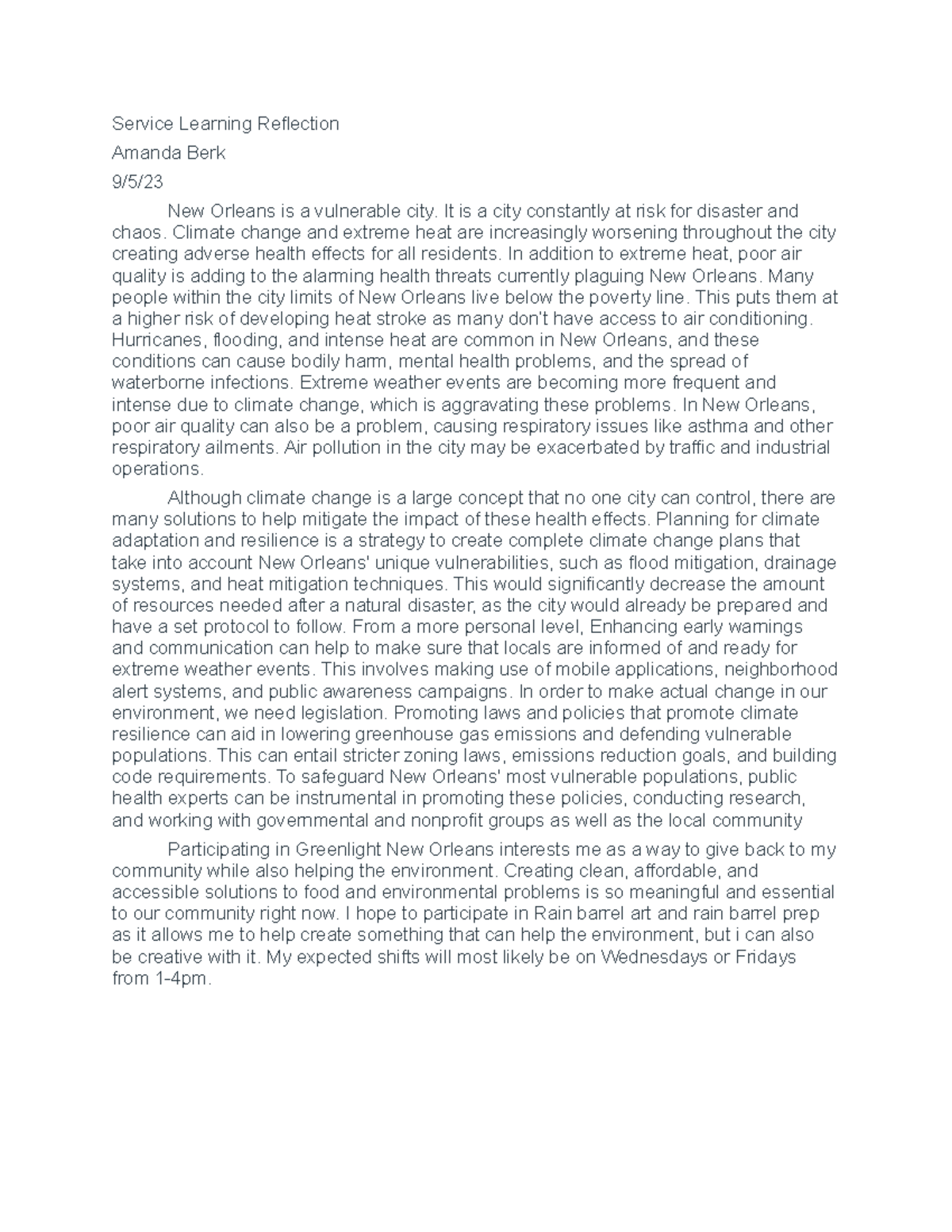 Service Learning Reflection - Service Learning Reflection Amanda Berk 9 ...