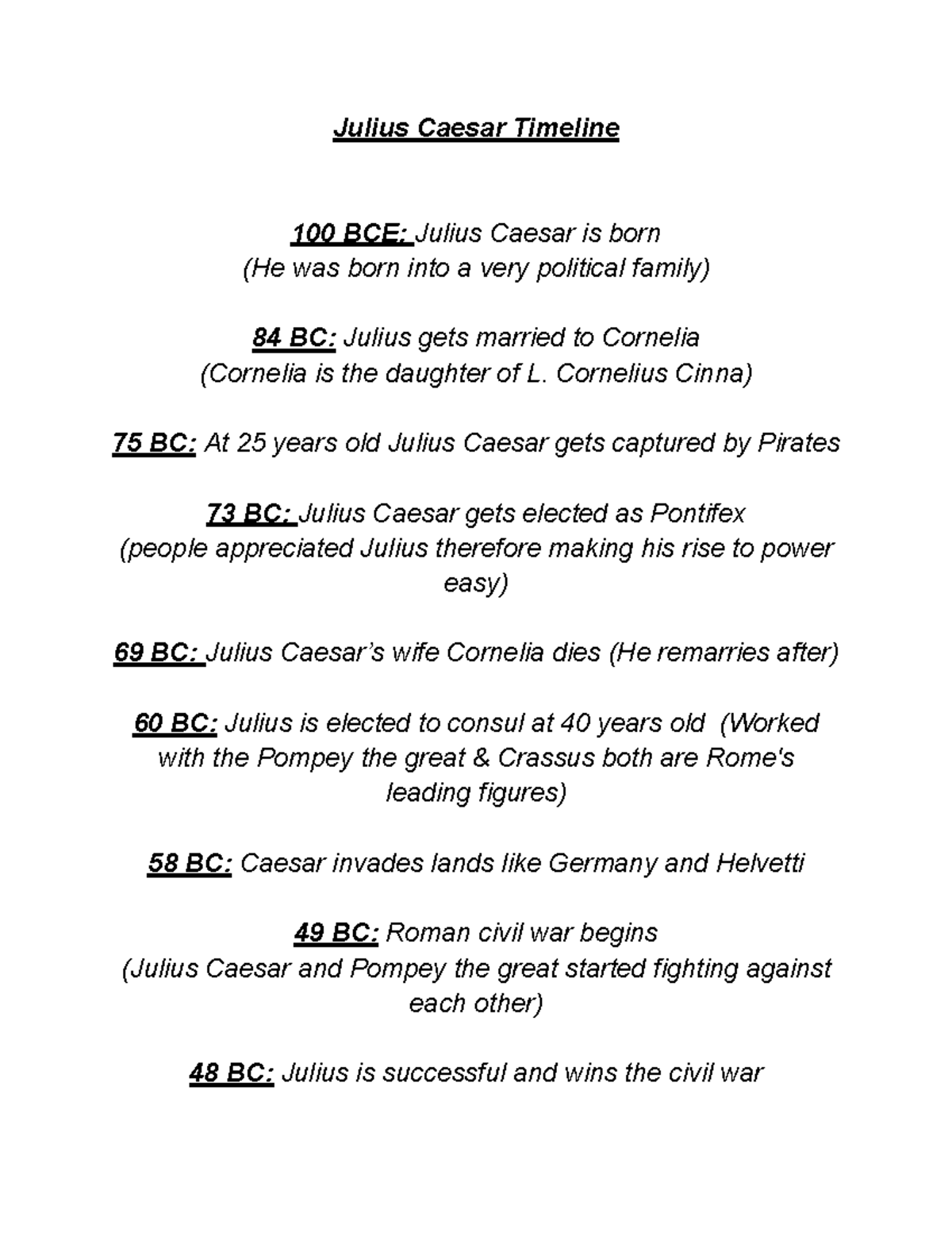 Julius Caesar Timline - Julius Caesar Timeline 100 BCE: Julius Caesar ...