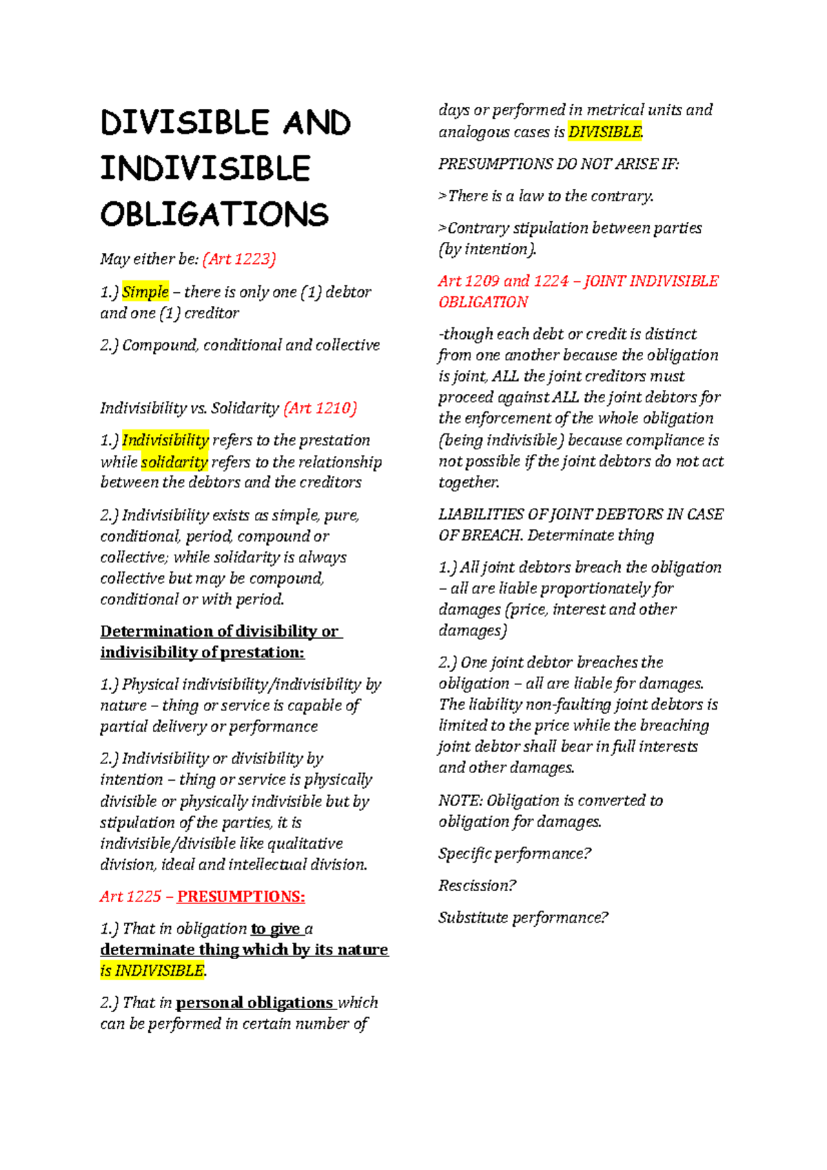 Divisible AND Indivisible Obligations - DIVISIBLE AND INDIVISIBLE ...