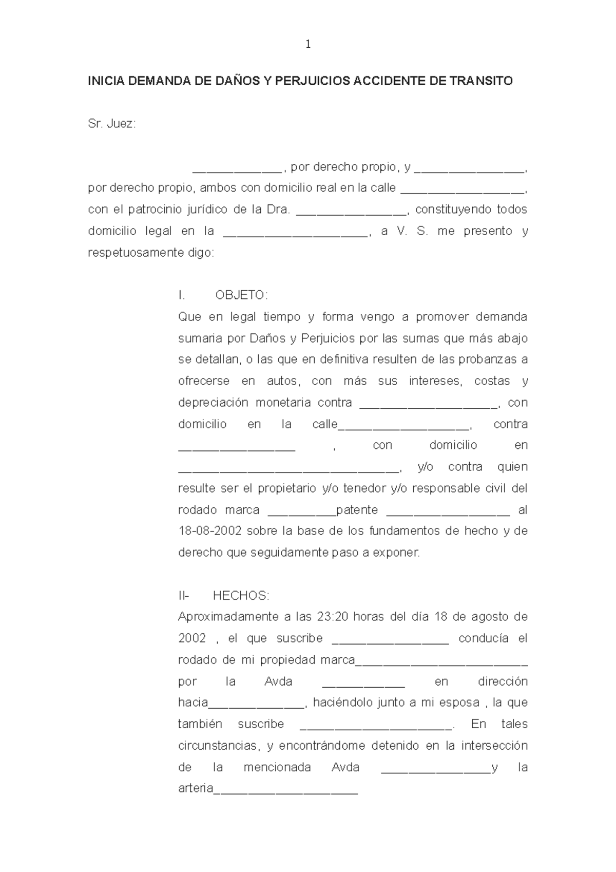Modelo Demanda DE Daños Y Perjuicios Accidente DE Transito - INICIA ...