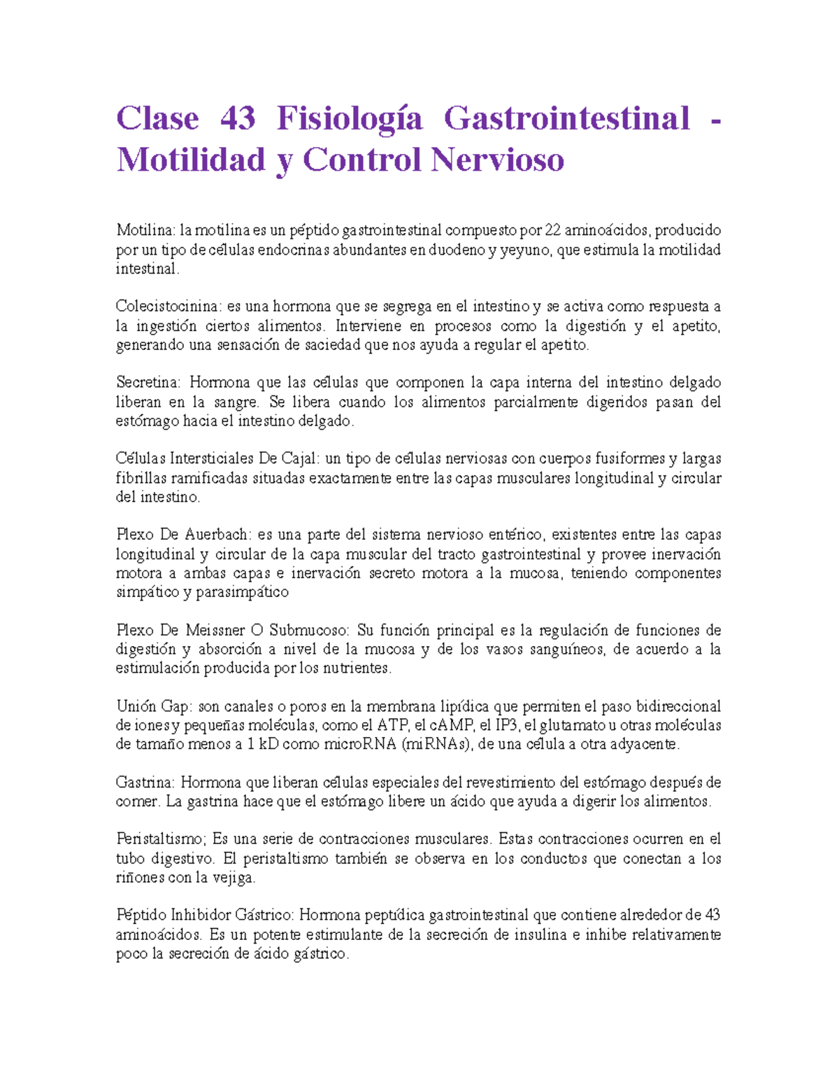 Glosario videos - Clase 43 Fisiología Gastrointestinal - Motilidad y ...