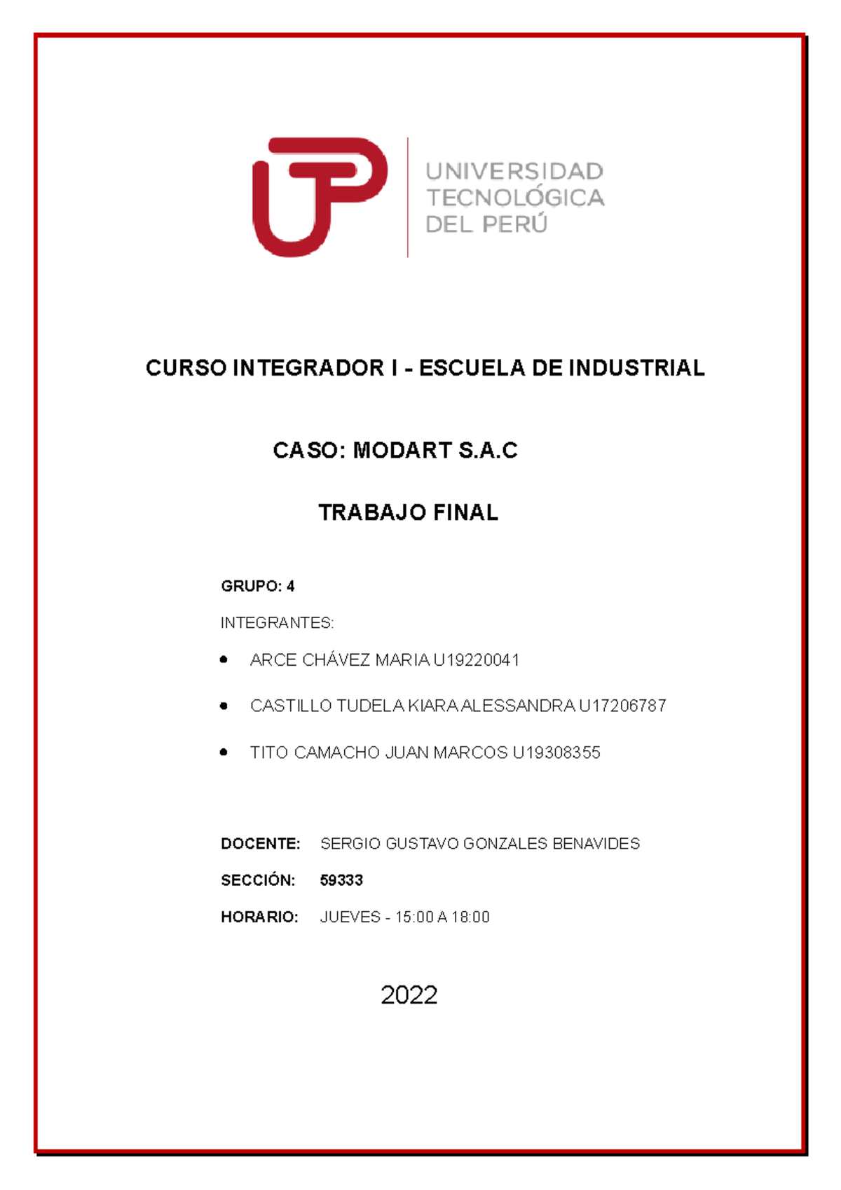 Informe Final Curso Integrador - CURSO INTEGRADOR I - ESCUELA DE ...