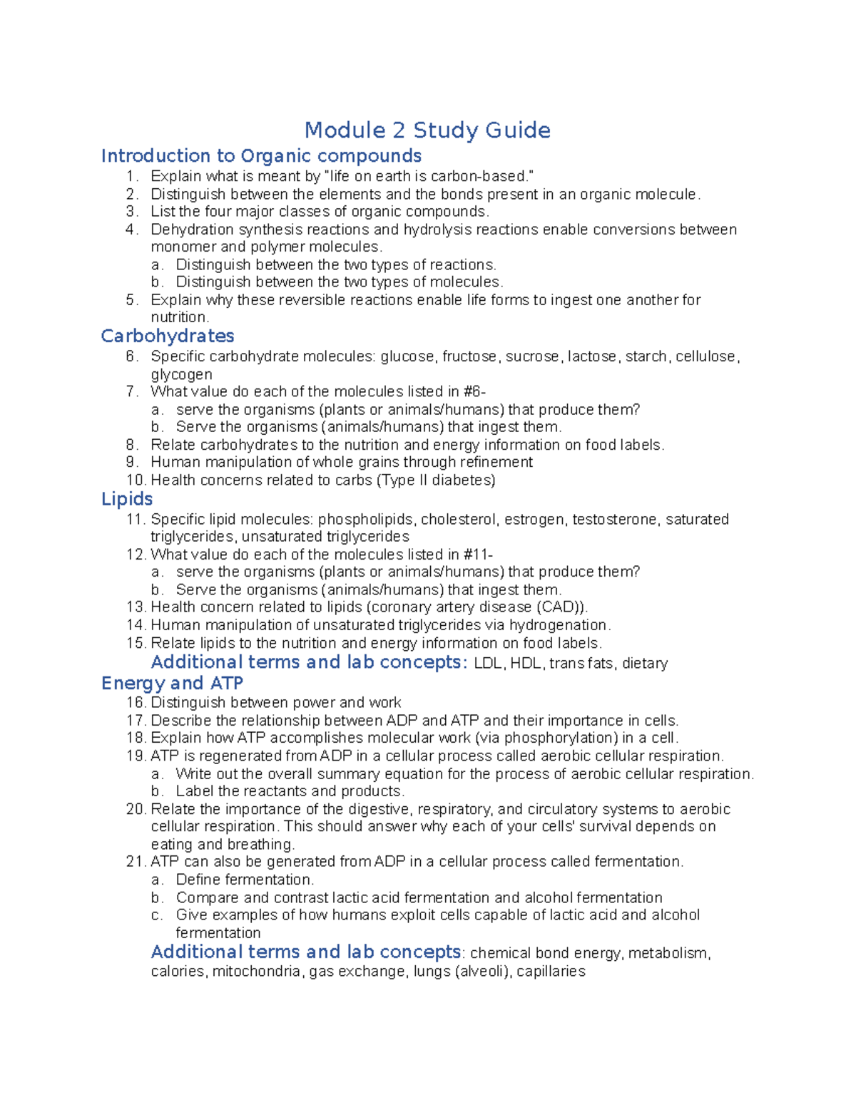 2023 Module 2 Study Guide - Module 2 Study Guide Introduction to Organic compounds Explain what ...