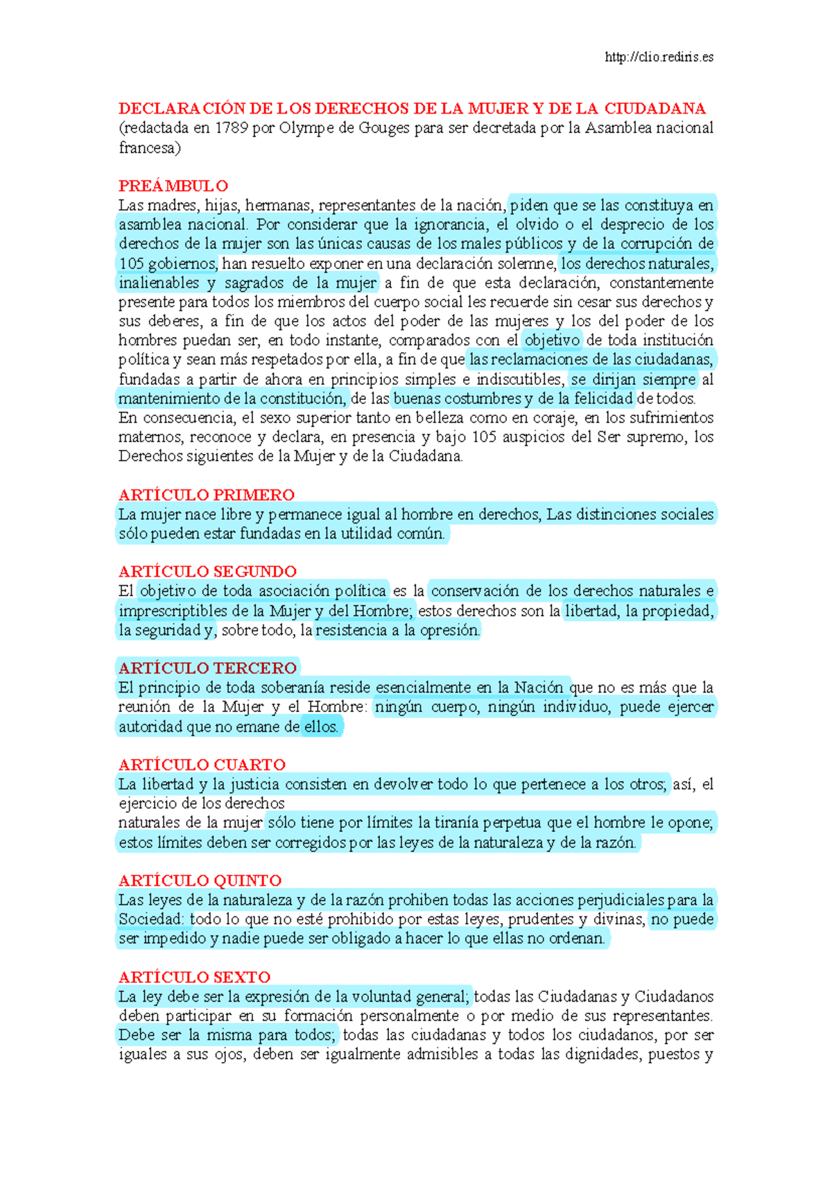 Declaración de los derechos de la mujer Olympe de G - Historia I ...