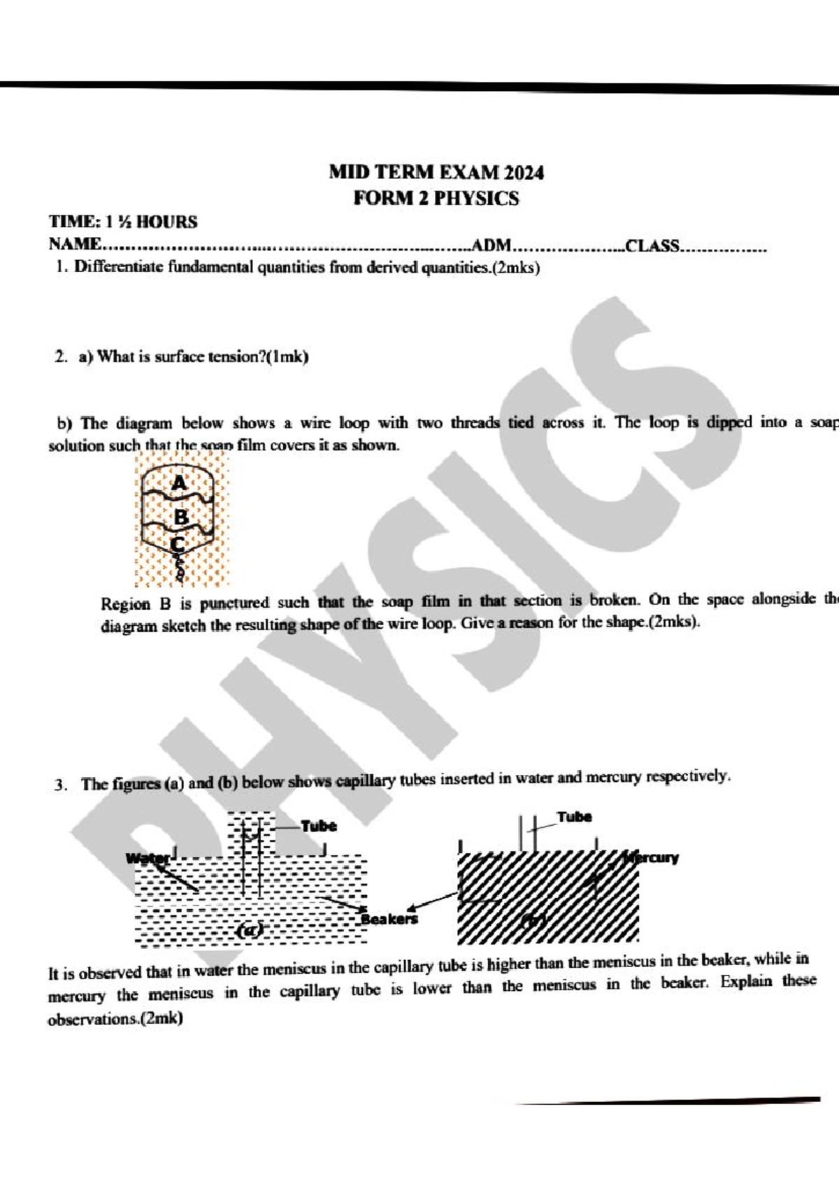 FORM2 mid 2024 - Fasihi - MID TERM EXAM 2024 FORM 2 PHYSICS TIME: 1 ...