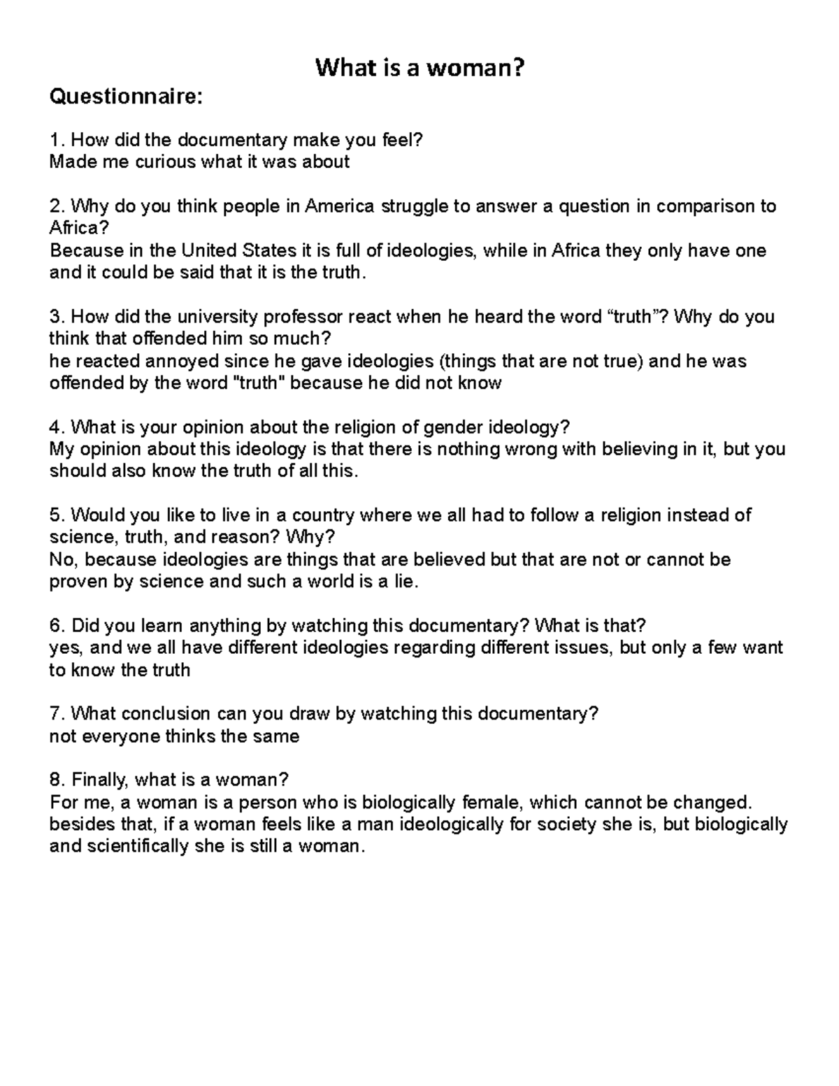 Deliverable 25 - trabajo - What is a woman? Questionnaire: How did the ...