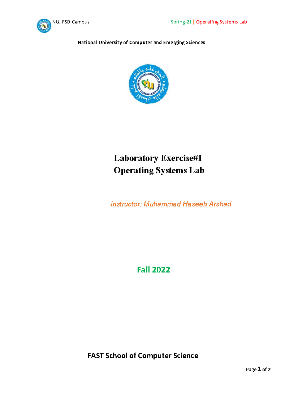 Lab 1 - FAST – NU, FSD Campus Spring-21| Operating Systems Lab Page 1 ...