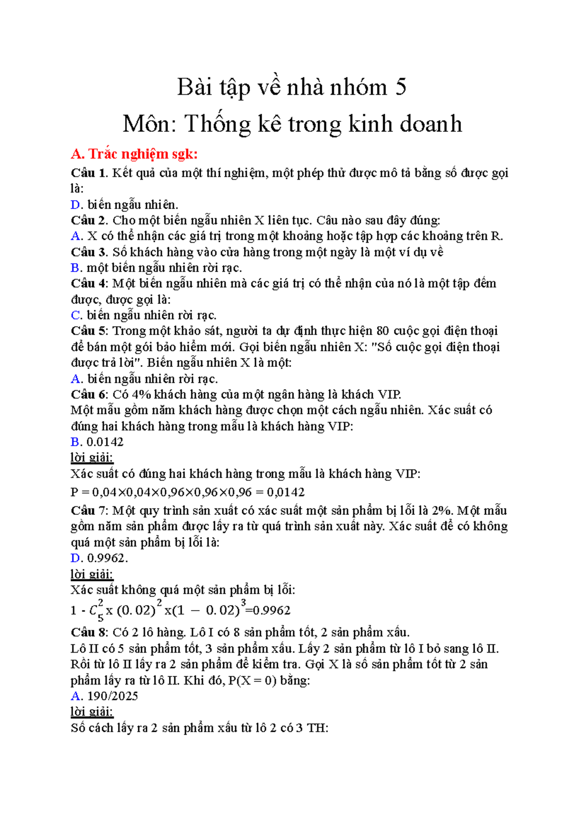 Bài tập về nhà nhóm 5. Tktkd - Bài tập về nhà nhóm 5 Môn: Thống kê trong kinh doanh A. Trắc ...