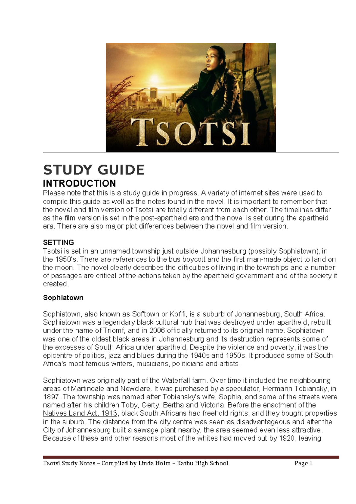 Tsotsi Class Notes Print - STUDY GUIDE INTRODUCTION Please note that ...