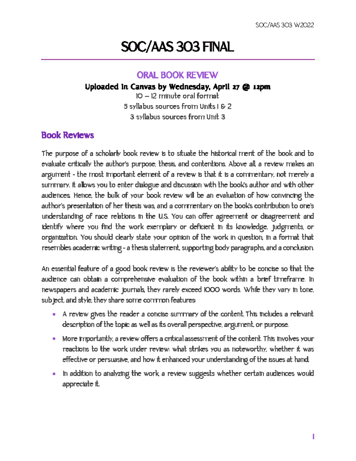 SOC 303 Final Prompt W2022 - SOC/AAS 303 W 10 — 12 minute oral format 5 ...