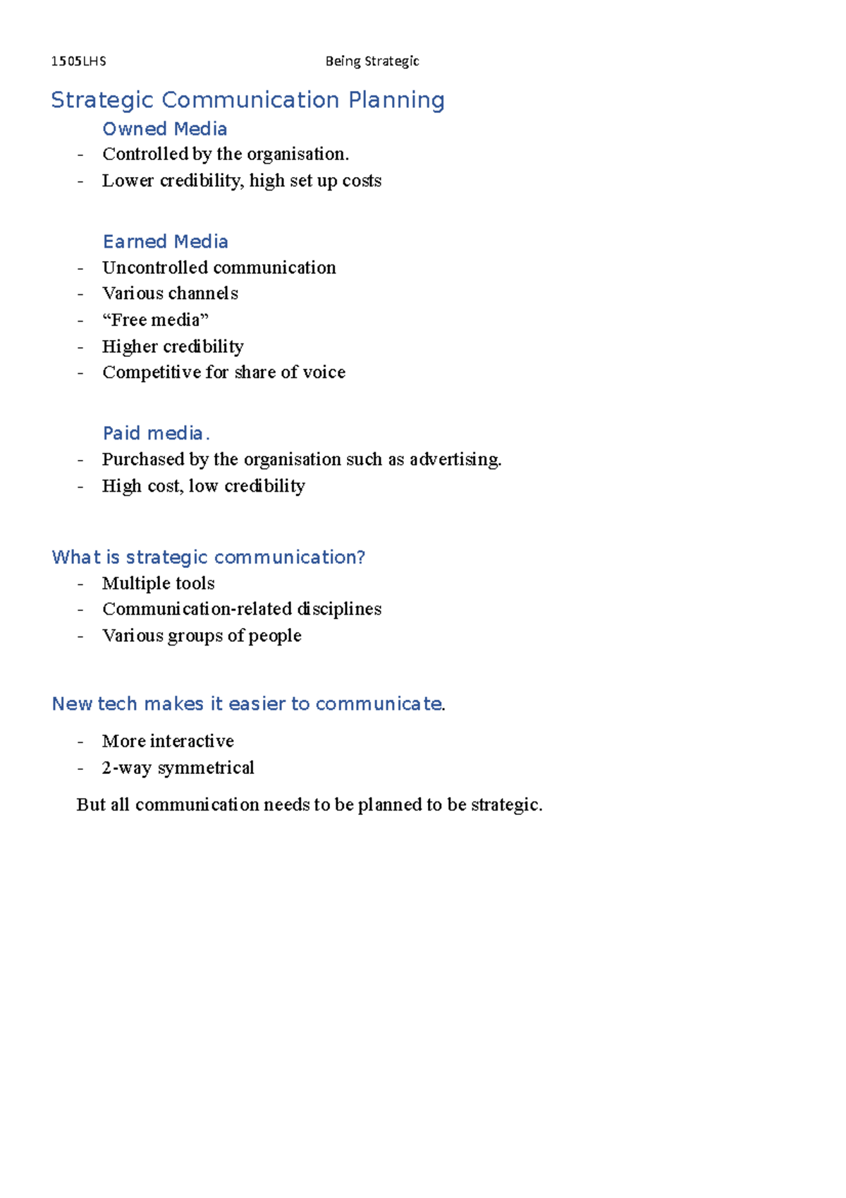1505LHS - Week 4 - Strategic communication planning, owned, earned and paid media, Effective ...