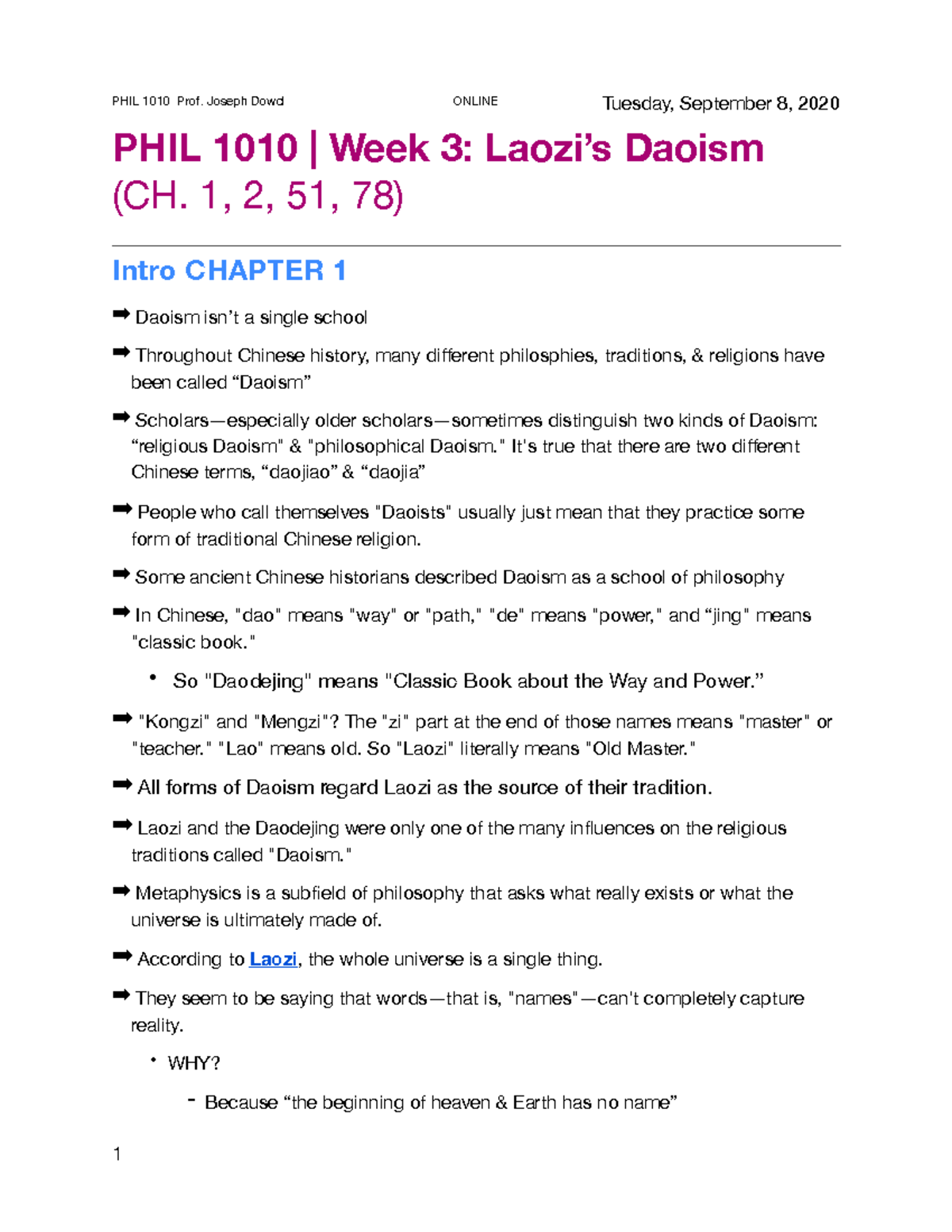 PHIL 1010 | Week 3, Lec. 4 - PHIL 1010 | Week 3: Laozi’s Daoism (CH. 1 ...